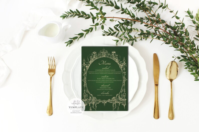 Vintage Royal Wedding Menu Template Fairytale Wedding Green - Etsy