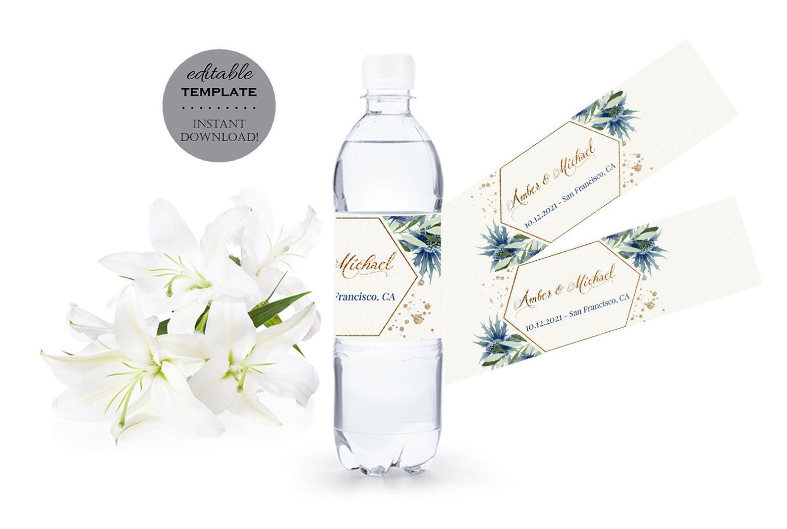 Blue Thistle Water Bottle Label Template, Greenery Printable Label ...
