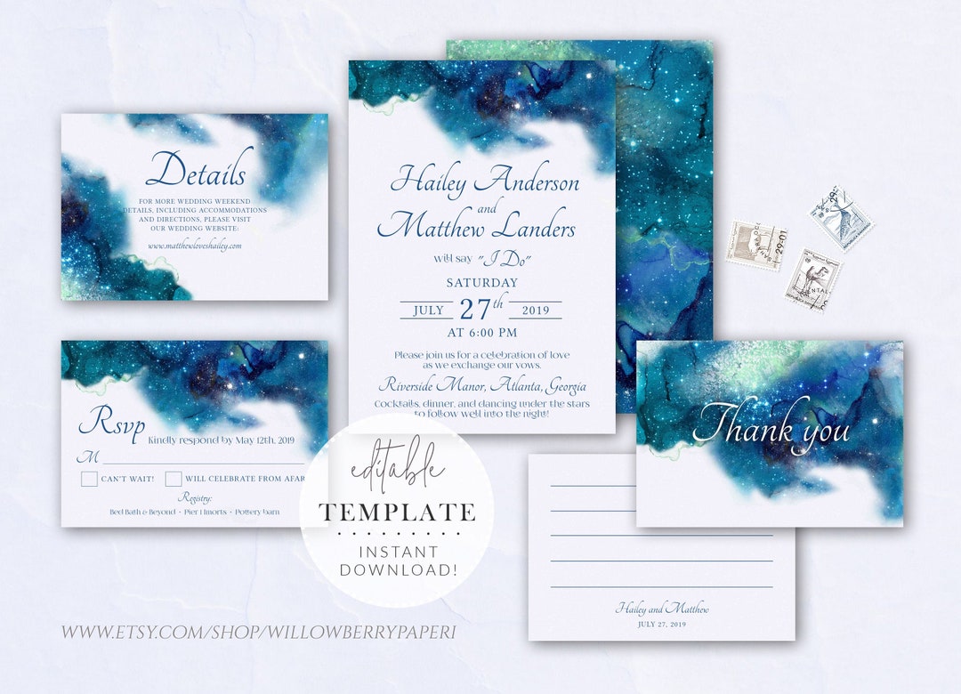 Galaxy Digital Wedding Invitation Template Set, Starry Night Wedding, Celestial Invitation Suite ...