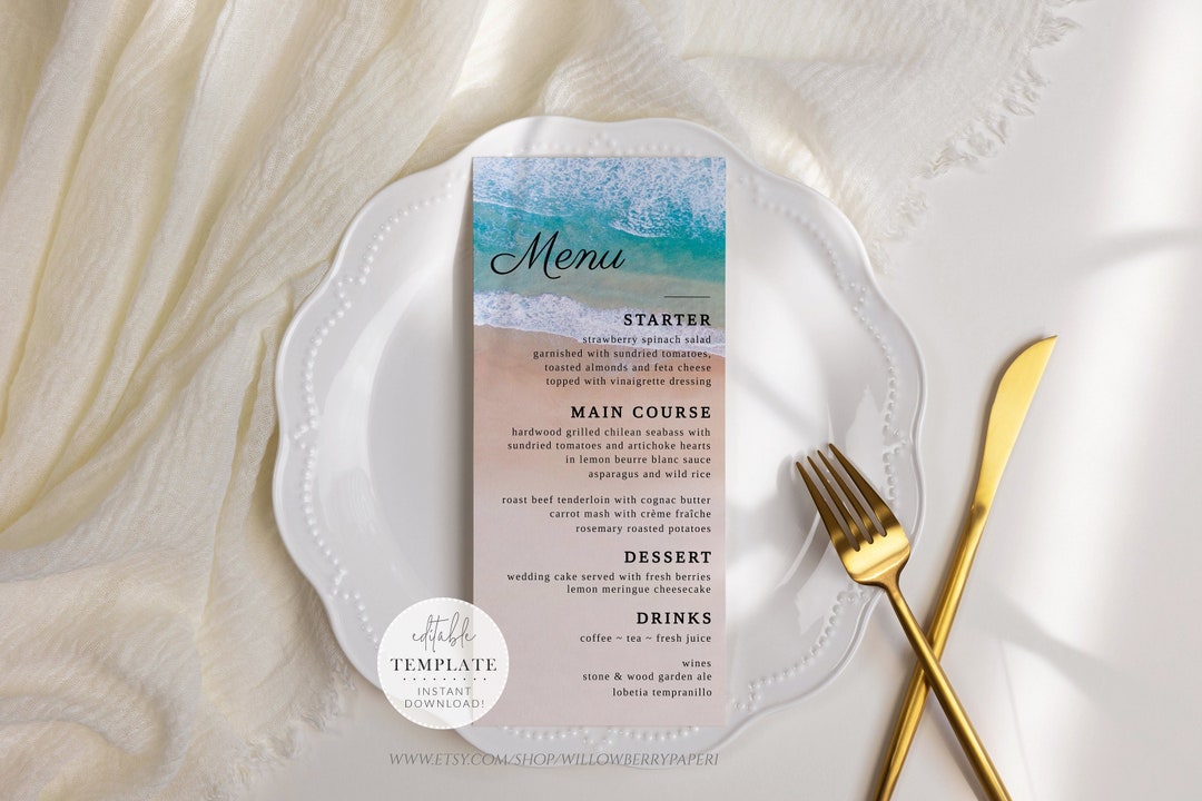 Beach Wedding Menu Template, Beach Menu, Reception Dinner Menu ...
