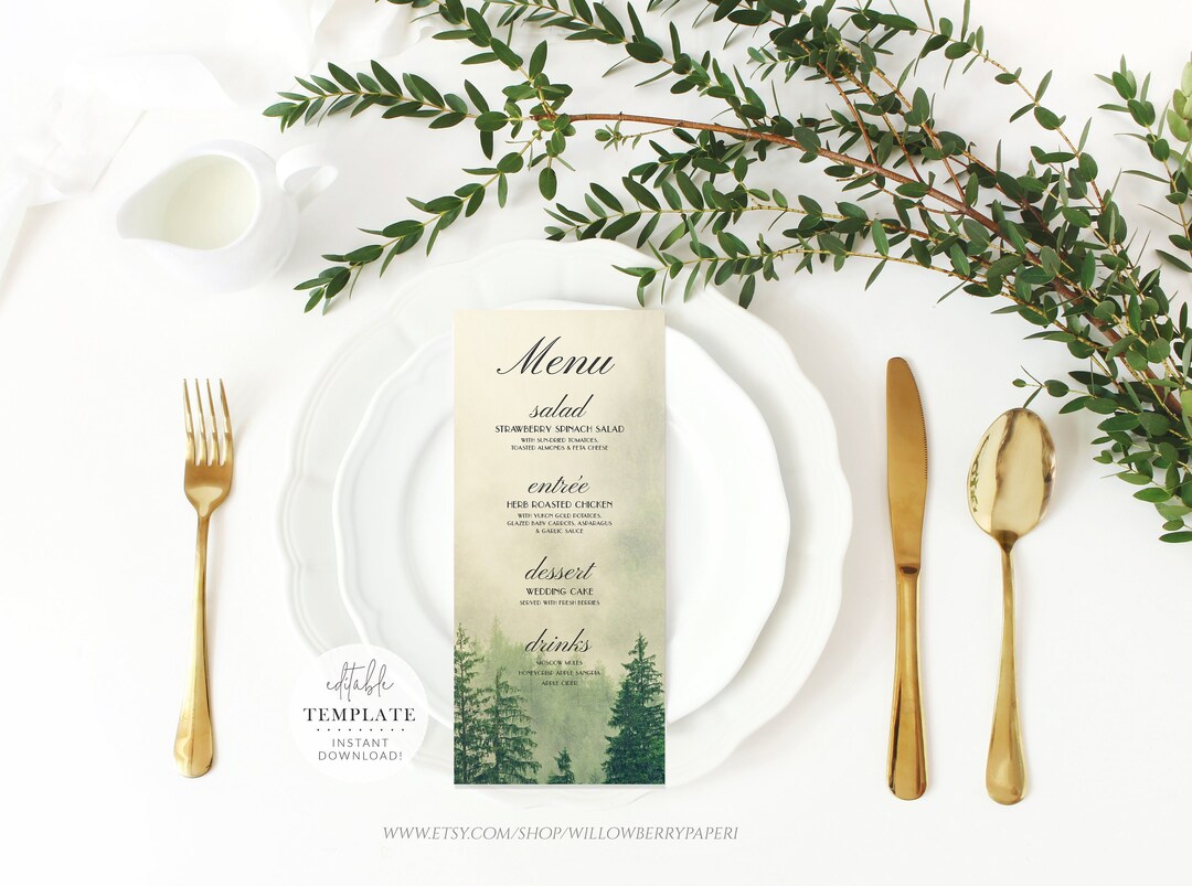 Forest Tree Wedding Menu Template, Printable Table Setting, Menu Place ...