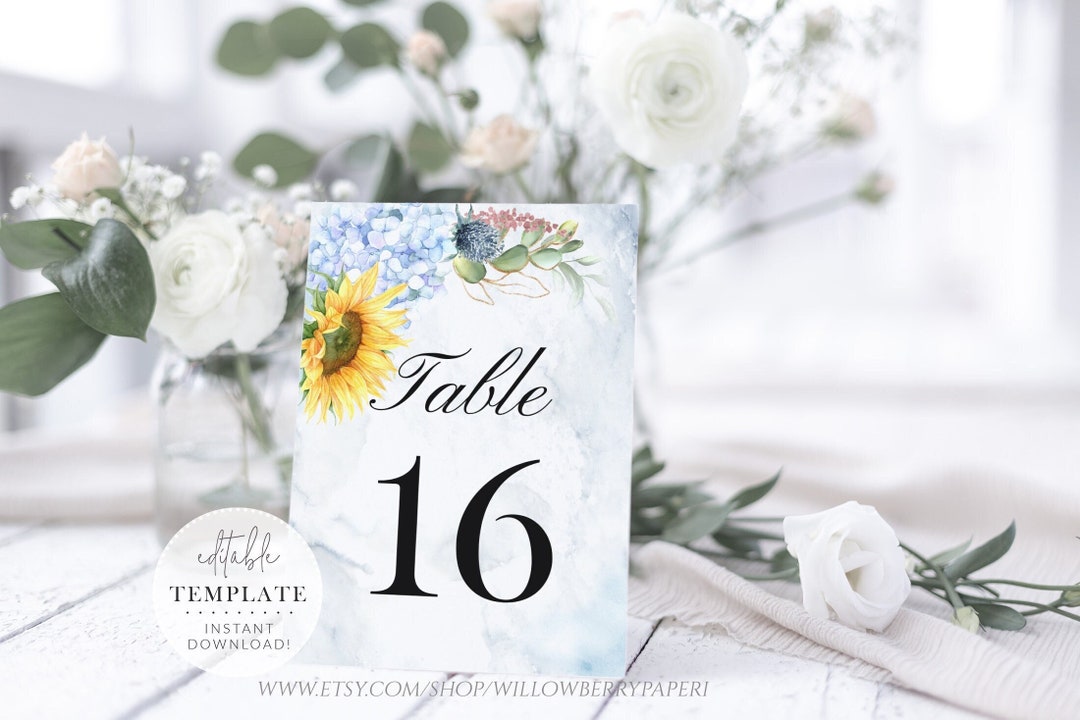 Printable Sunflower Table Numbers, Hydrangea Floral Table Numbers, Boho ...