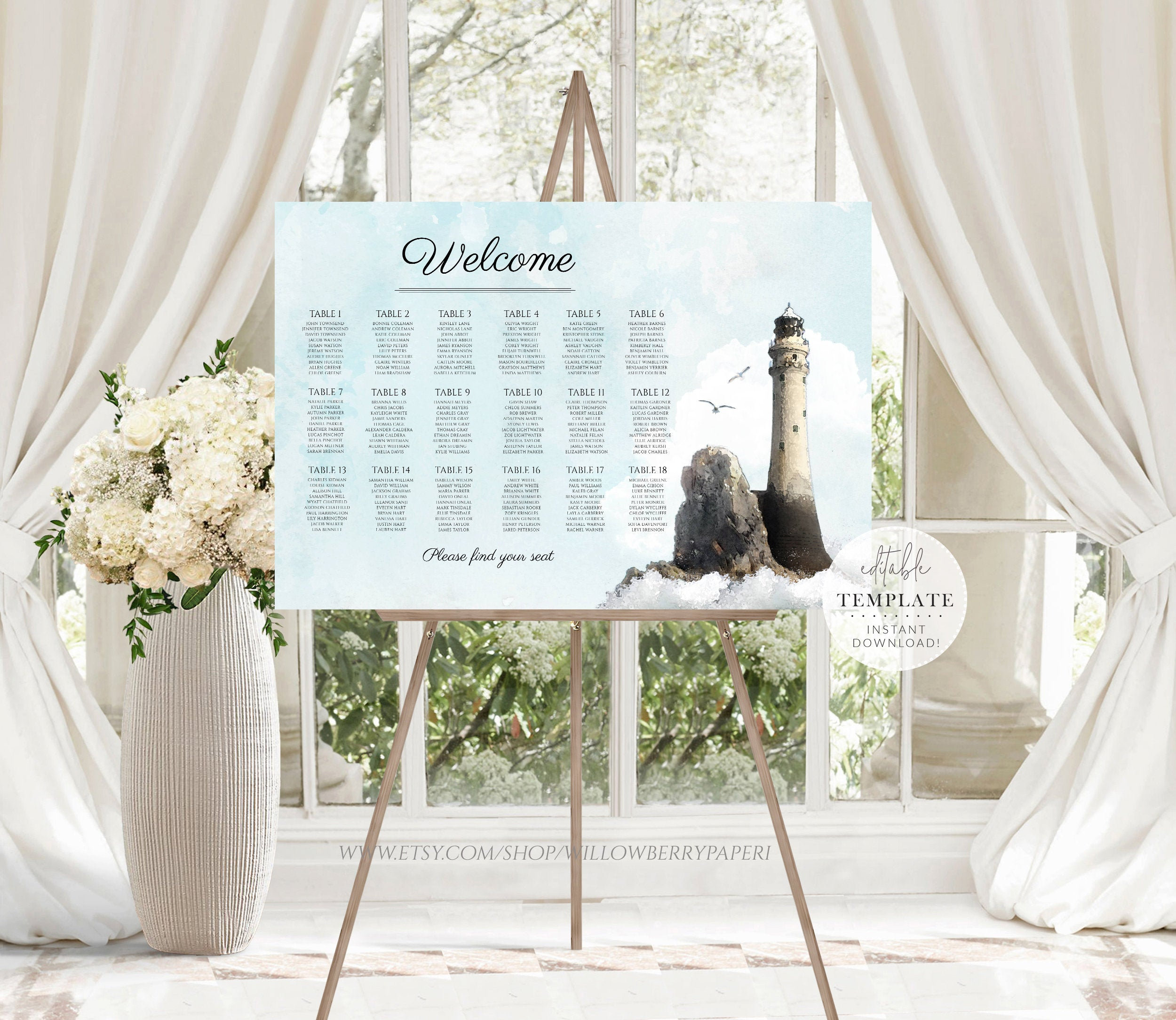 Lighthouse Wedding Seating Chart Template, Nautical Seating Chart ...