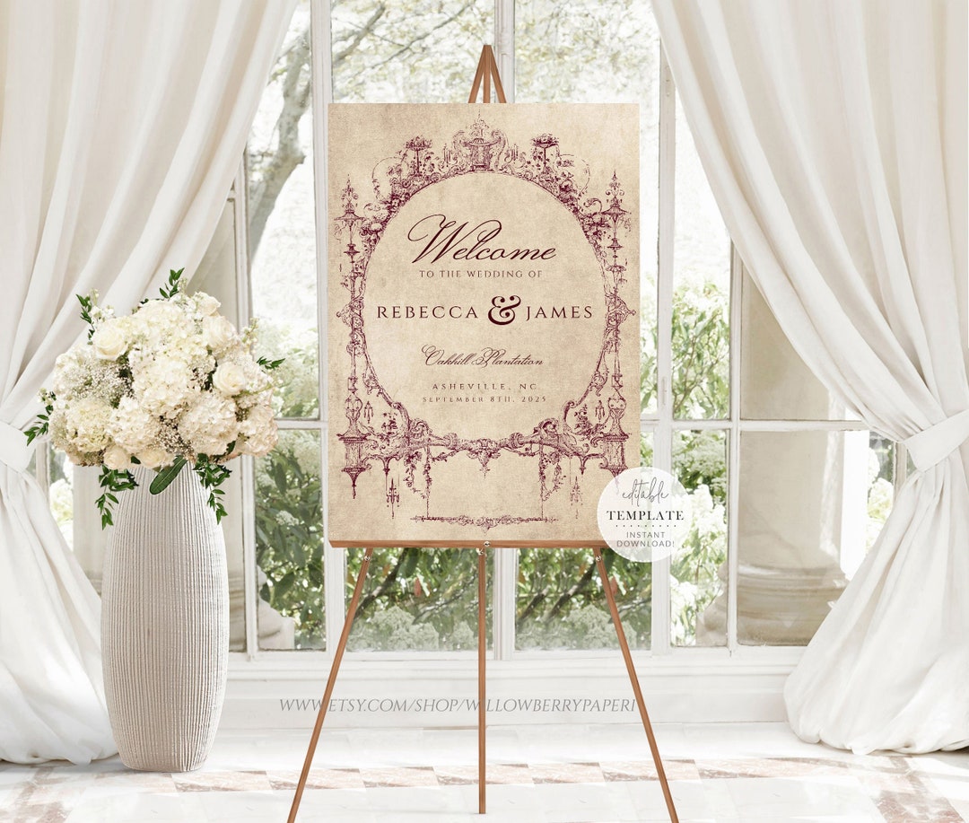 Vintage Burgundy Wedding Welcome Sign, Gothic Wedding, Fairytale ...