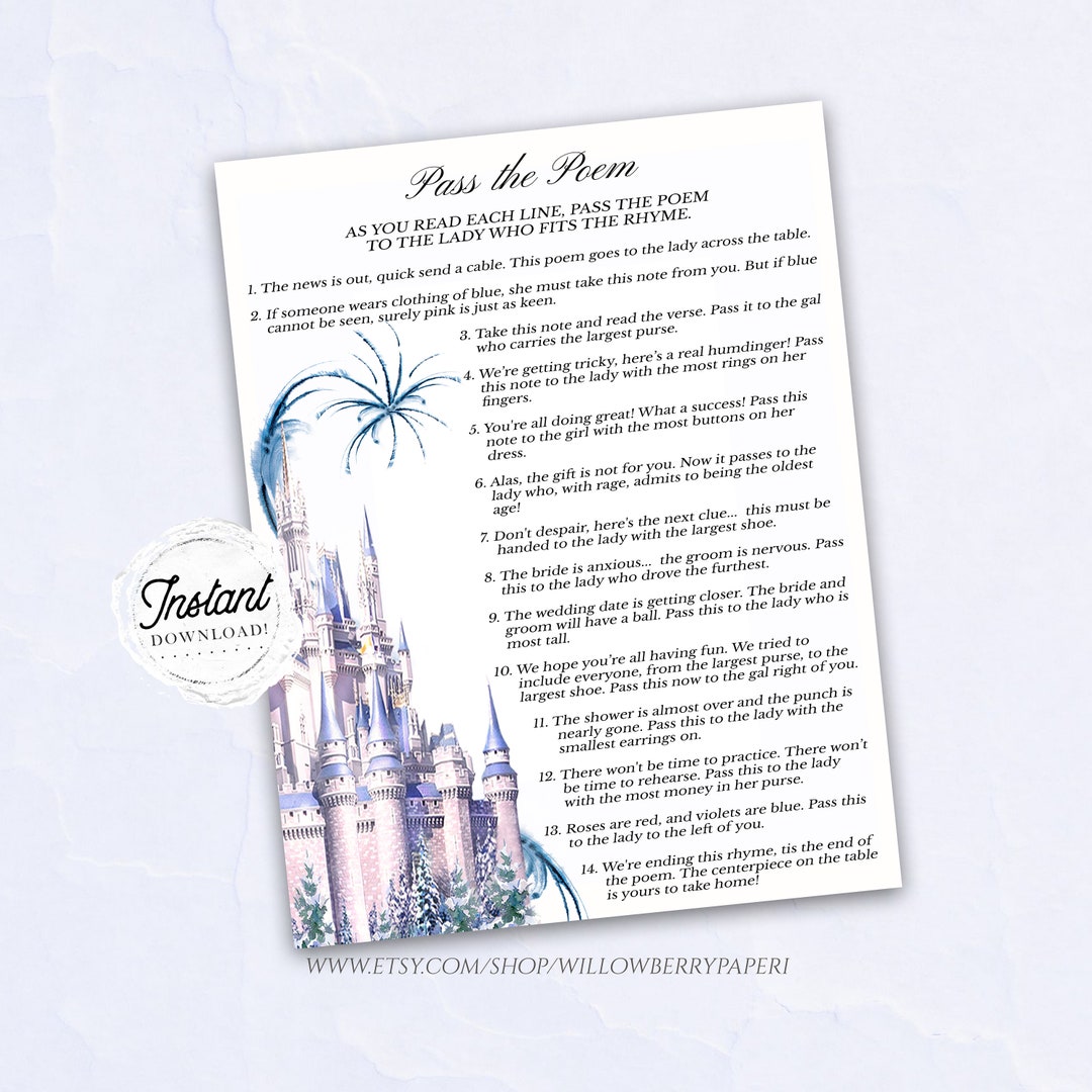 Bridal Shower Game, Pass the Poem Game, Pass the Prize Game, Fairytale ...