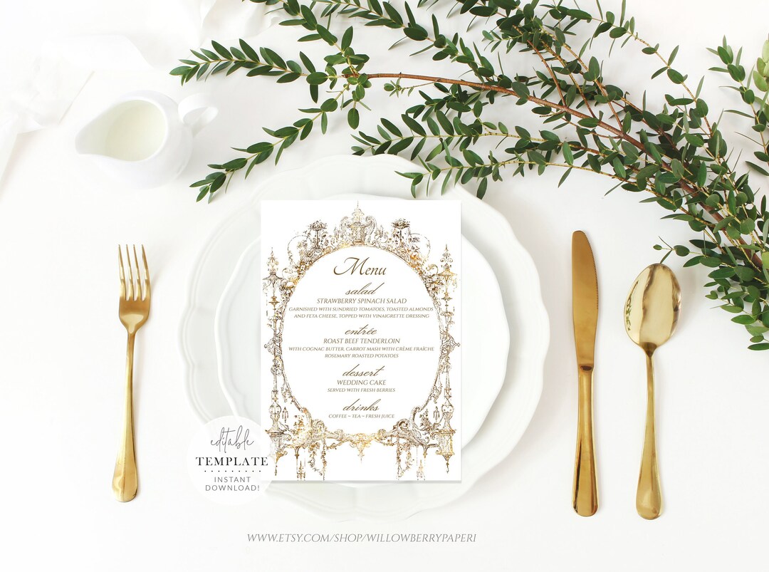 Vintage Royal Wedding Menu Template, Fairytale Wedding, Gold 5x7 ...