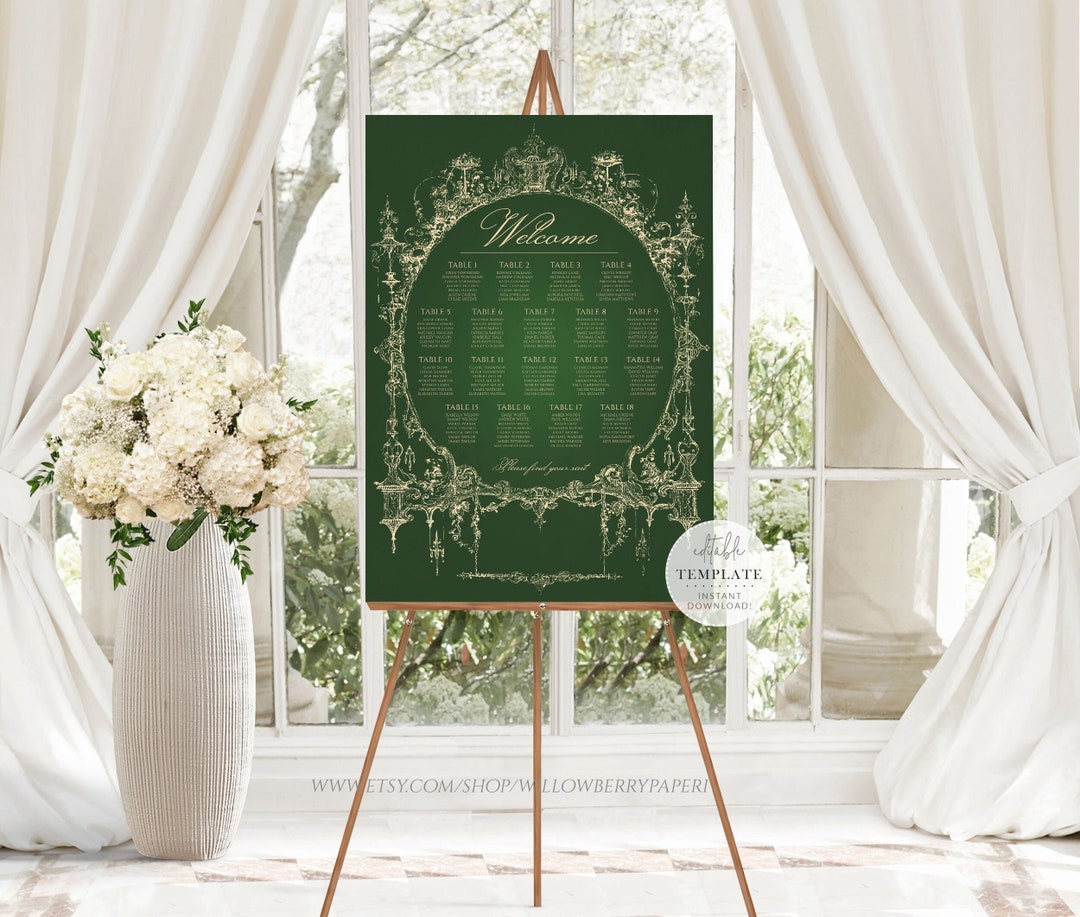 Vintage Royal Wedding Seating Chart Template, Fairytale Green and Gold ...