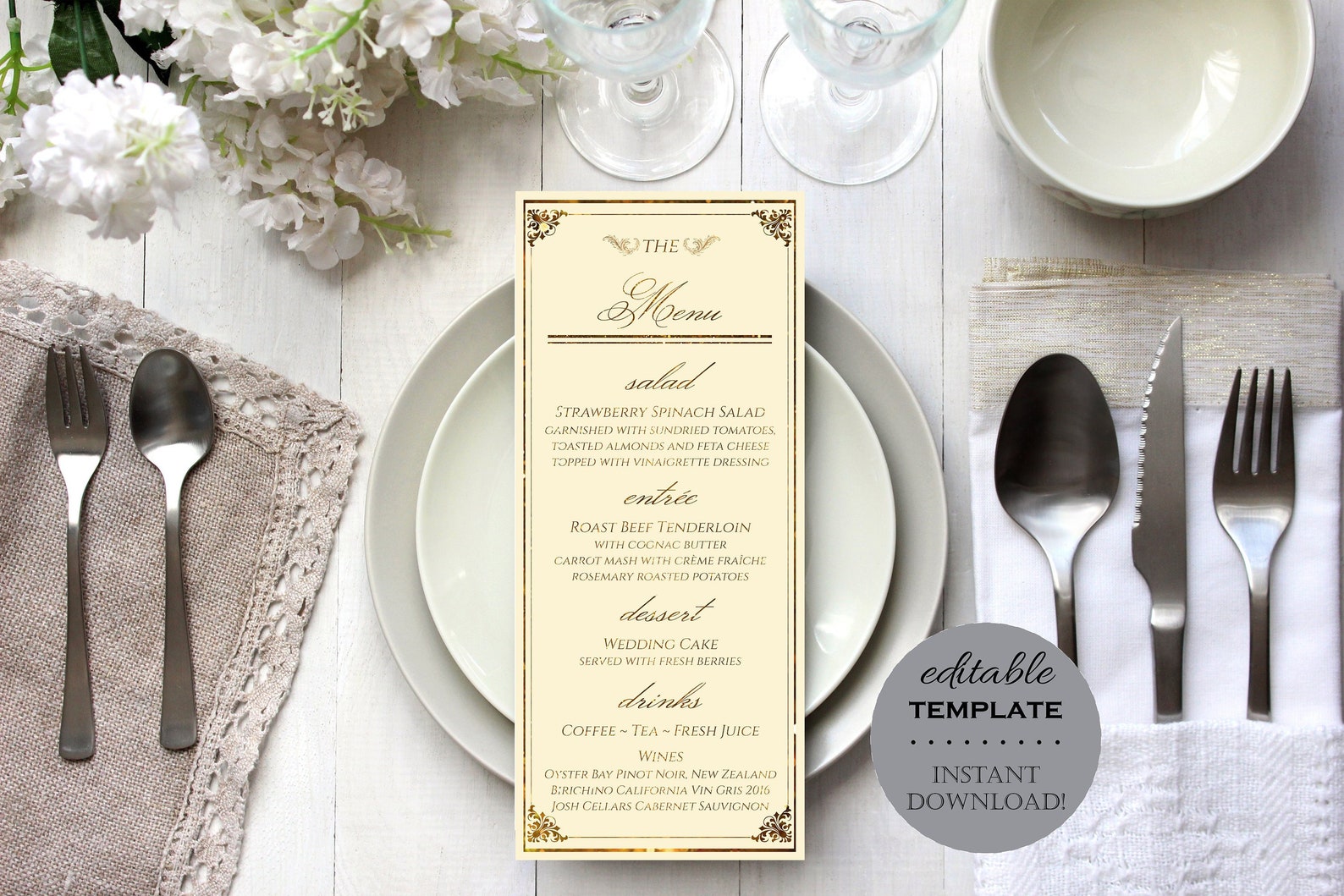 Vintage Wedding Menu Template Elegant Ivory Gold Antique - Etsy