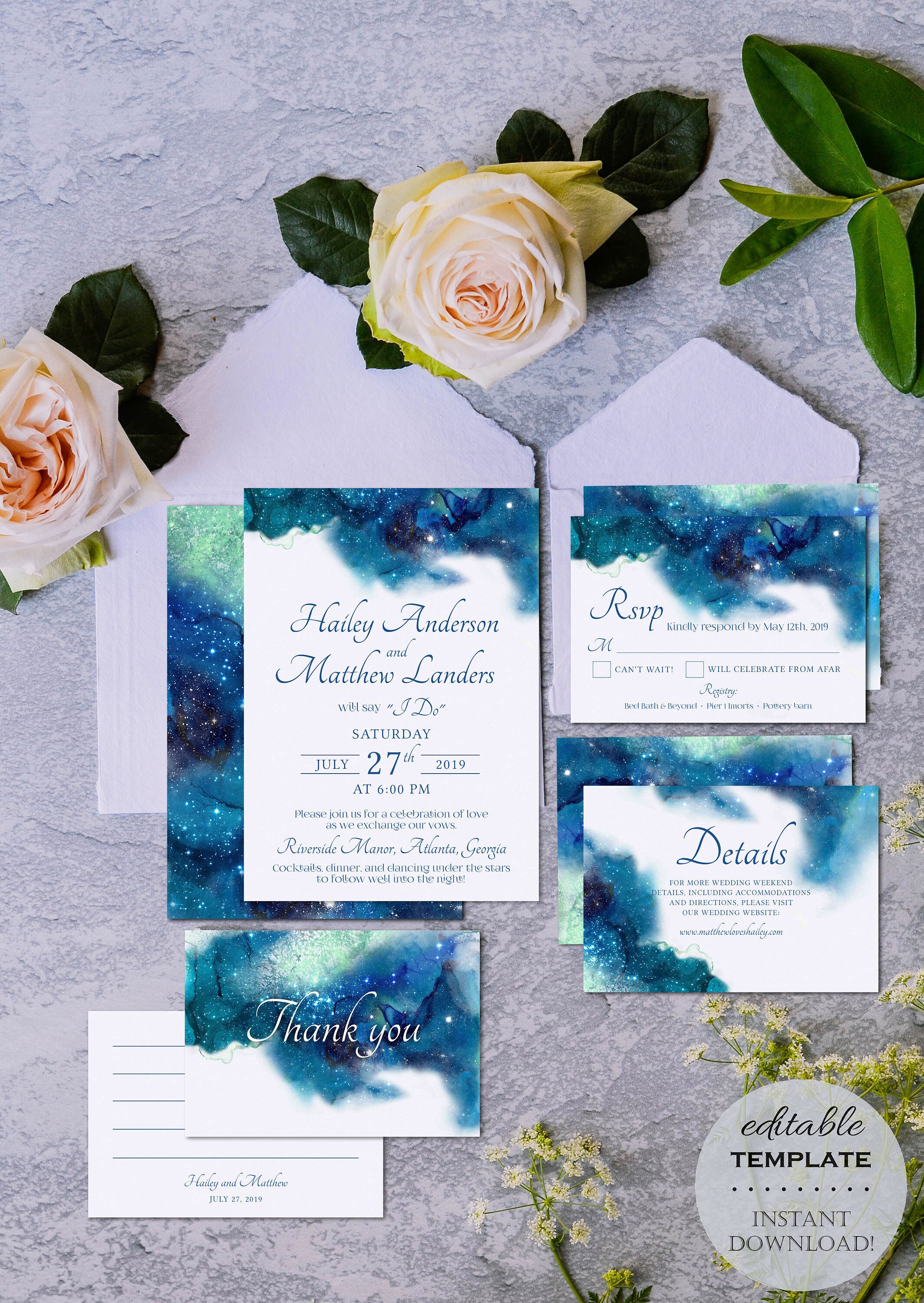 Galaxy Digital Wedding Invitation Template Set, Starry Night Wedding ...
