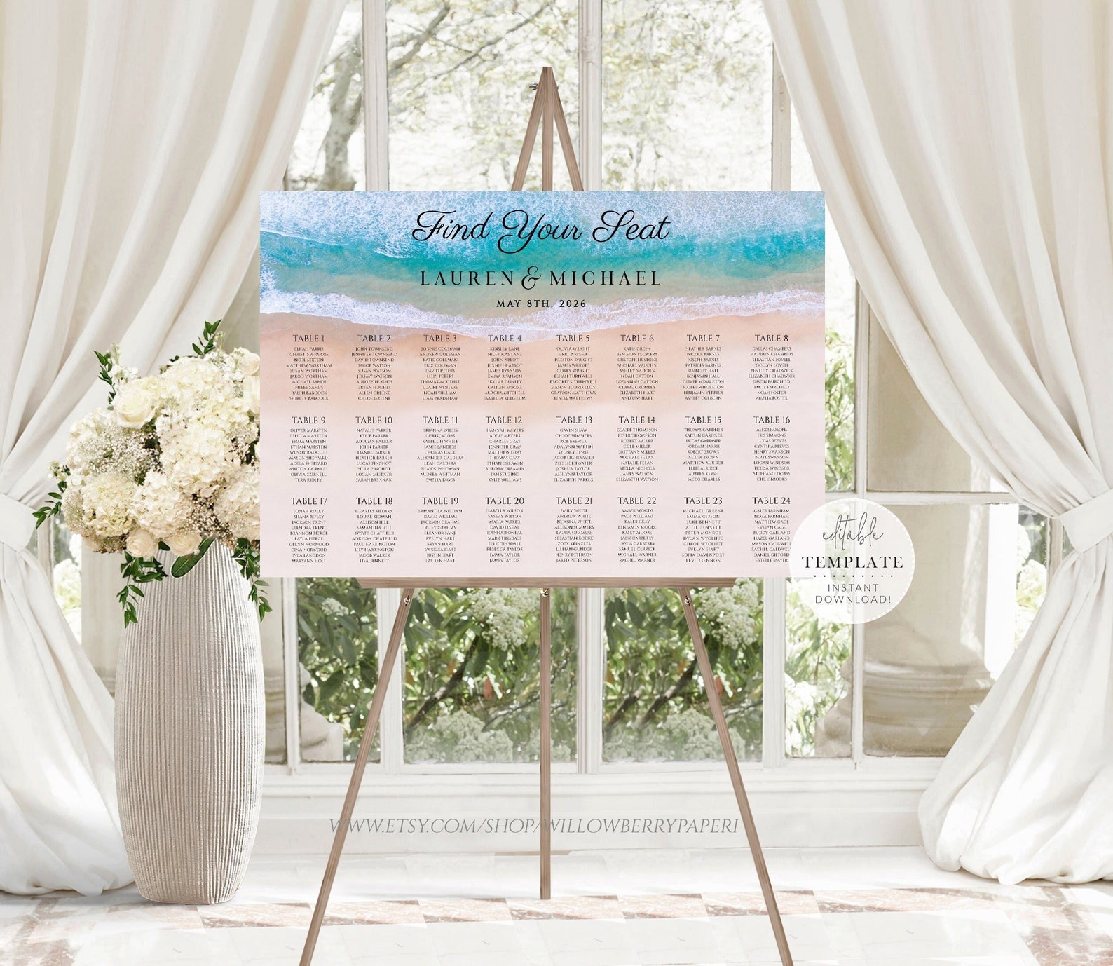 Beach Wedding Seating Chart Template, Tropical Seating Chart, Table ...