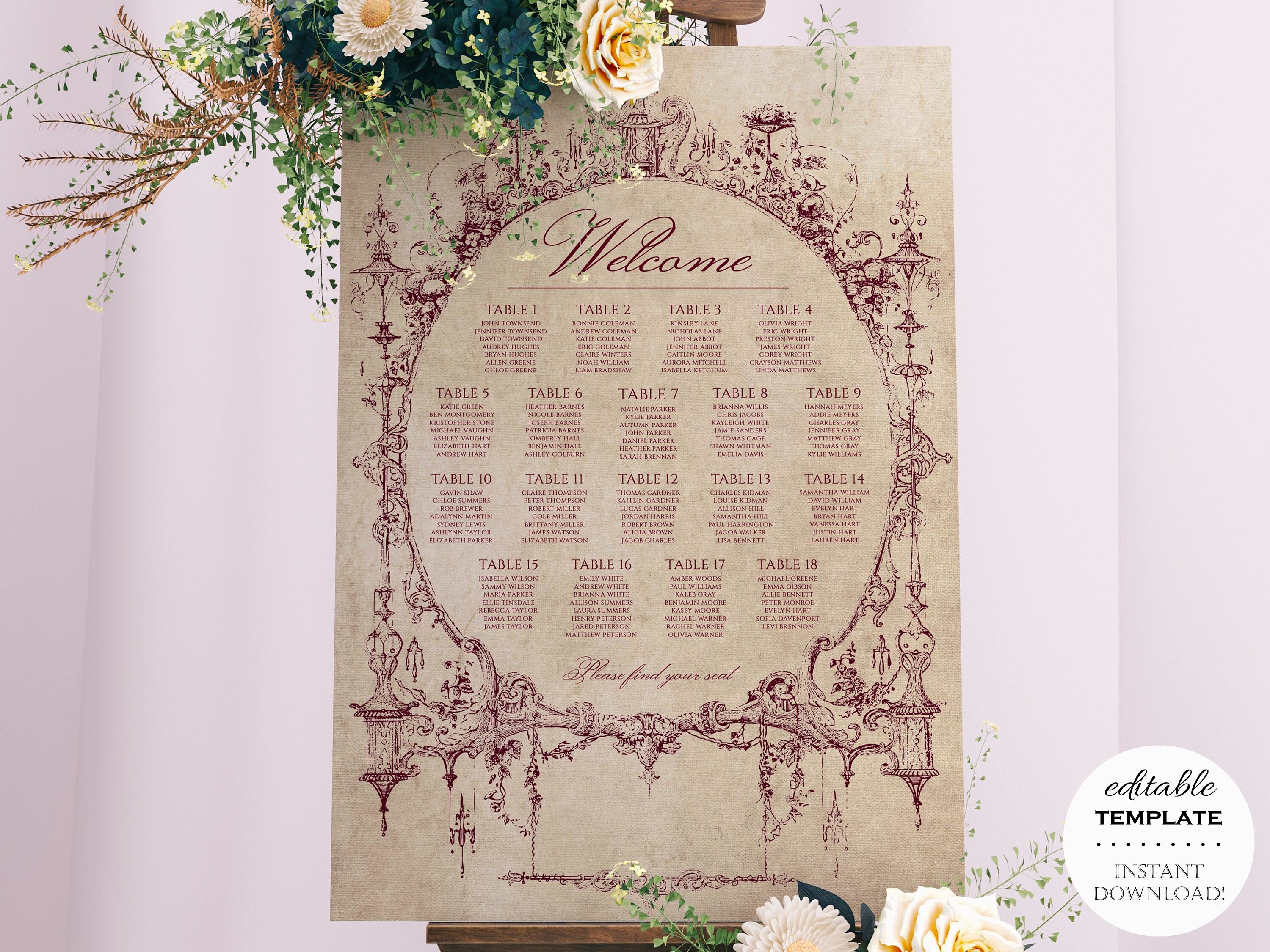 Vintage Wedding Seating Chart Merlot/Burgundy Table Seating | Etsy