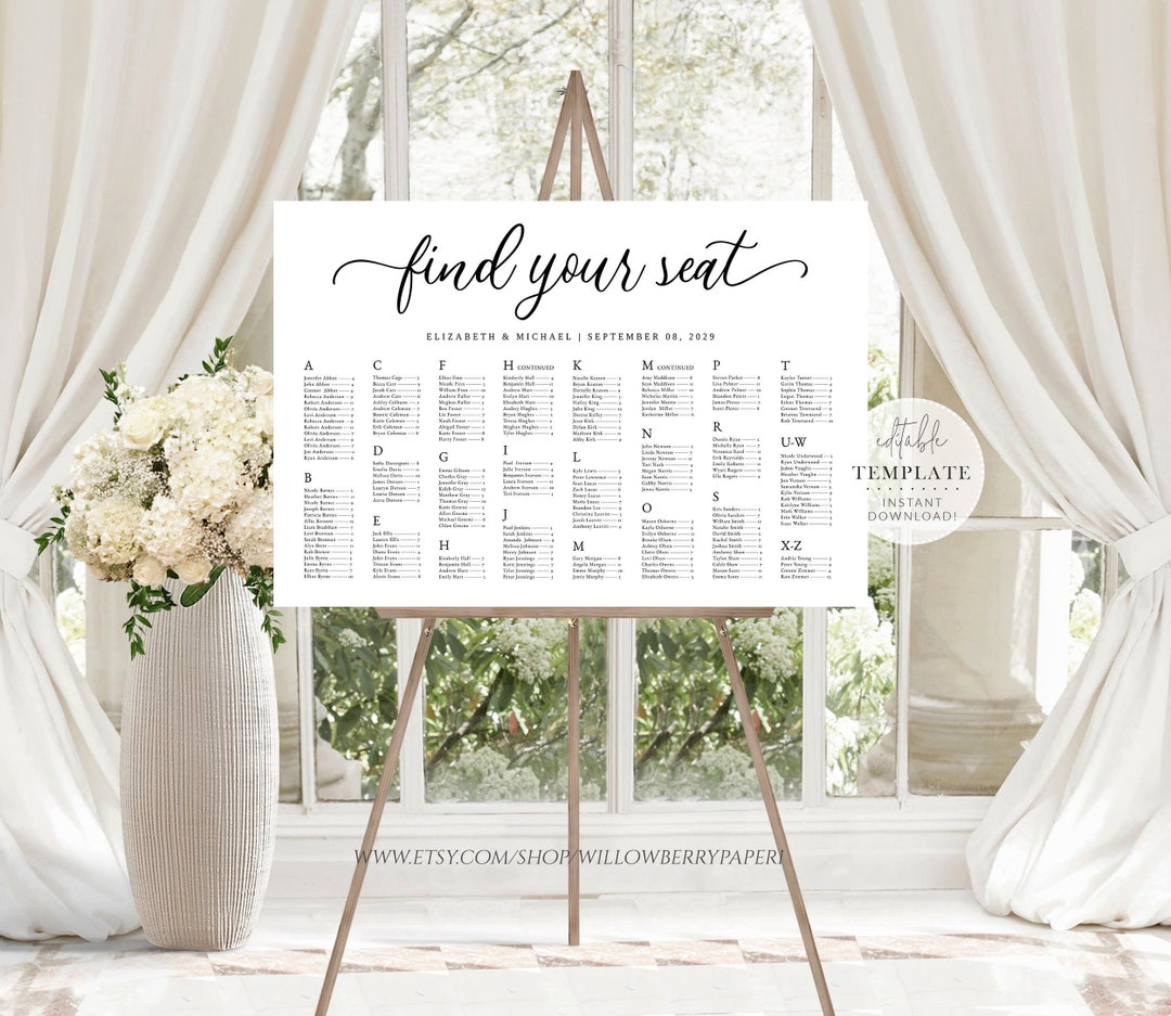 Alphabetical Seating Chart Template, Wedding Seating Chart ...