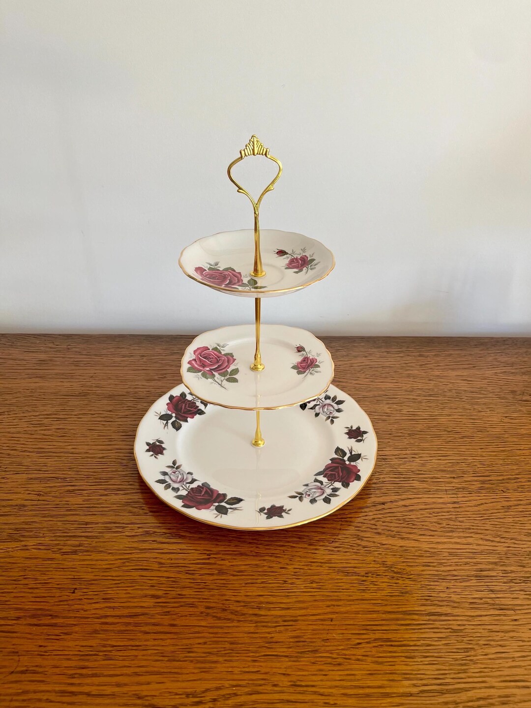 Stunning Vintage China 3 Tier Cake Stand With Roses For Afternoon Tea