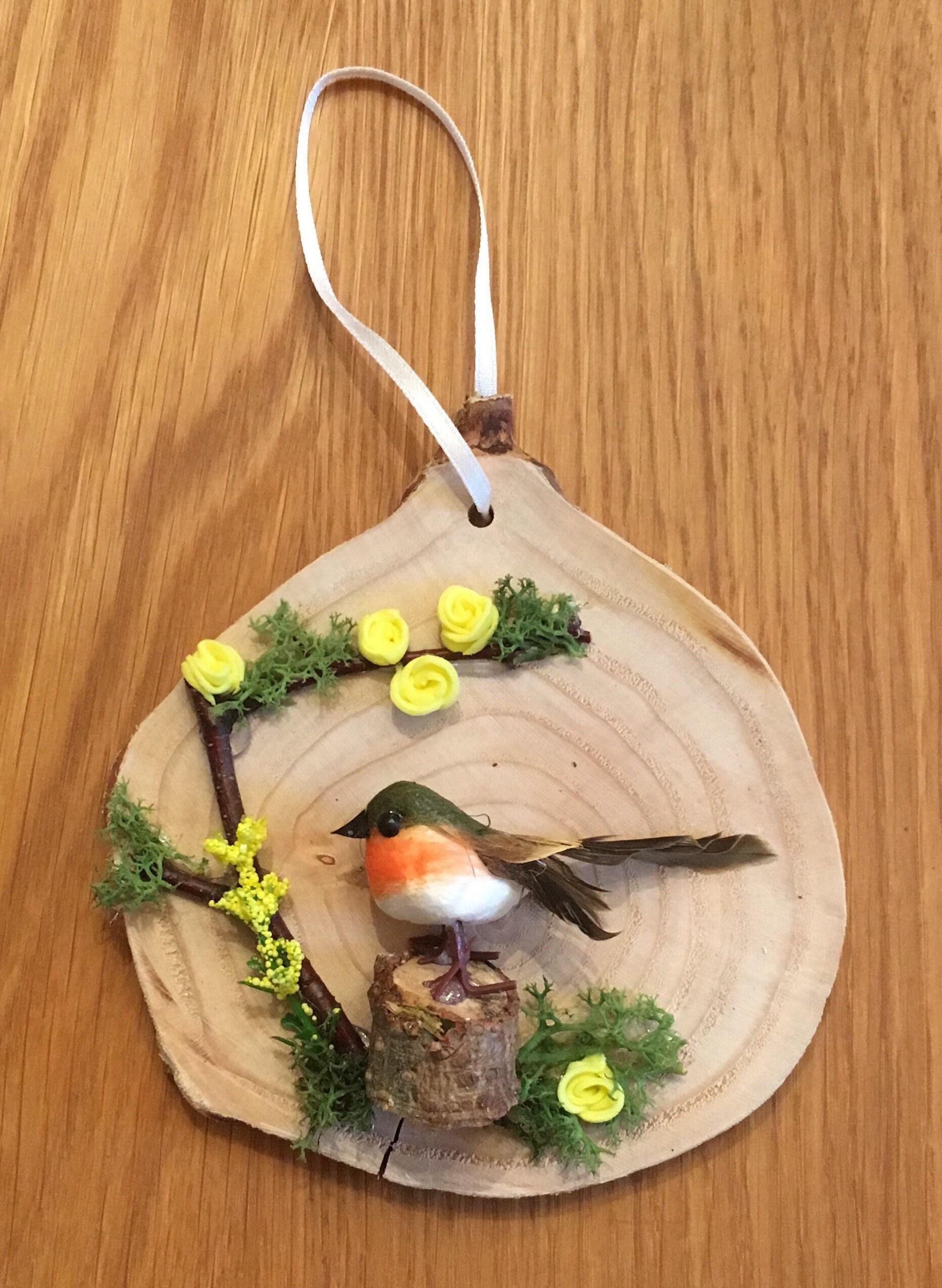 A Hanging Decoration With a Robin On, With Fake Spring Flowers - Etsy UK