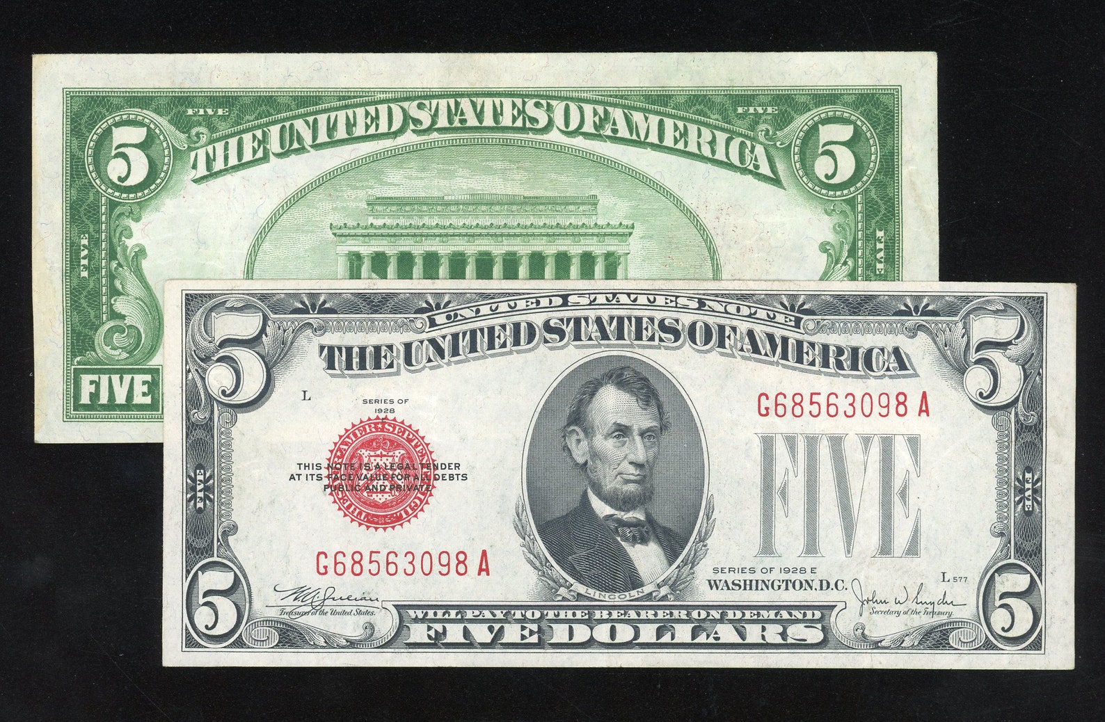 5 Dollar 1928 Cherry Red Seal Legal Tender United States Note Old US ...