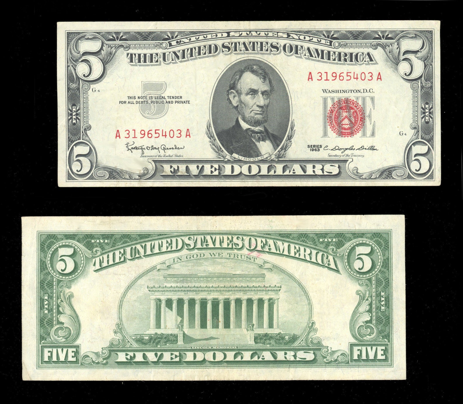 1963 5 Dollar Bill Red Seal Old US Paper Money Note Very Nice - Etsy