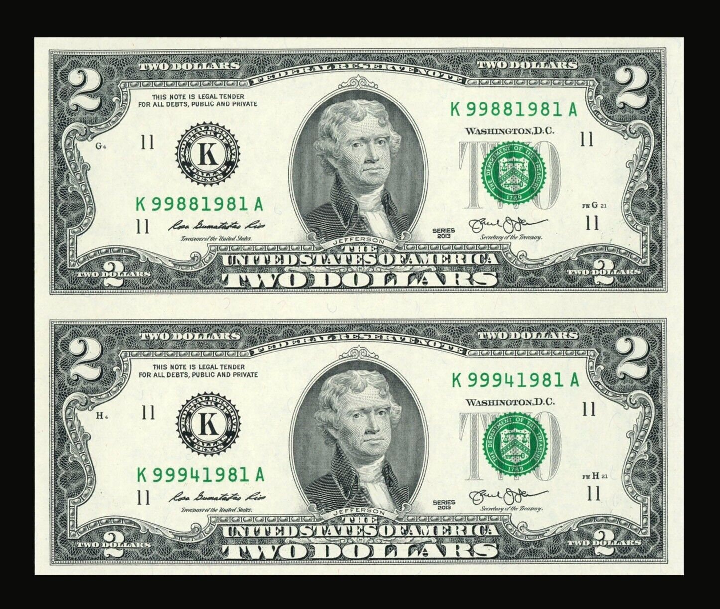 Uncut Sheet of Connected 2 Dollar Bills Series 2013 or 2017 Crisp Real ...
