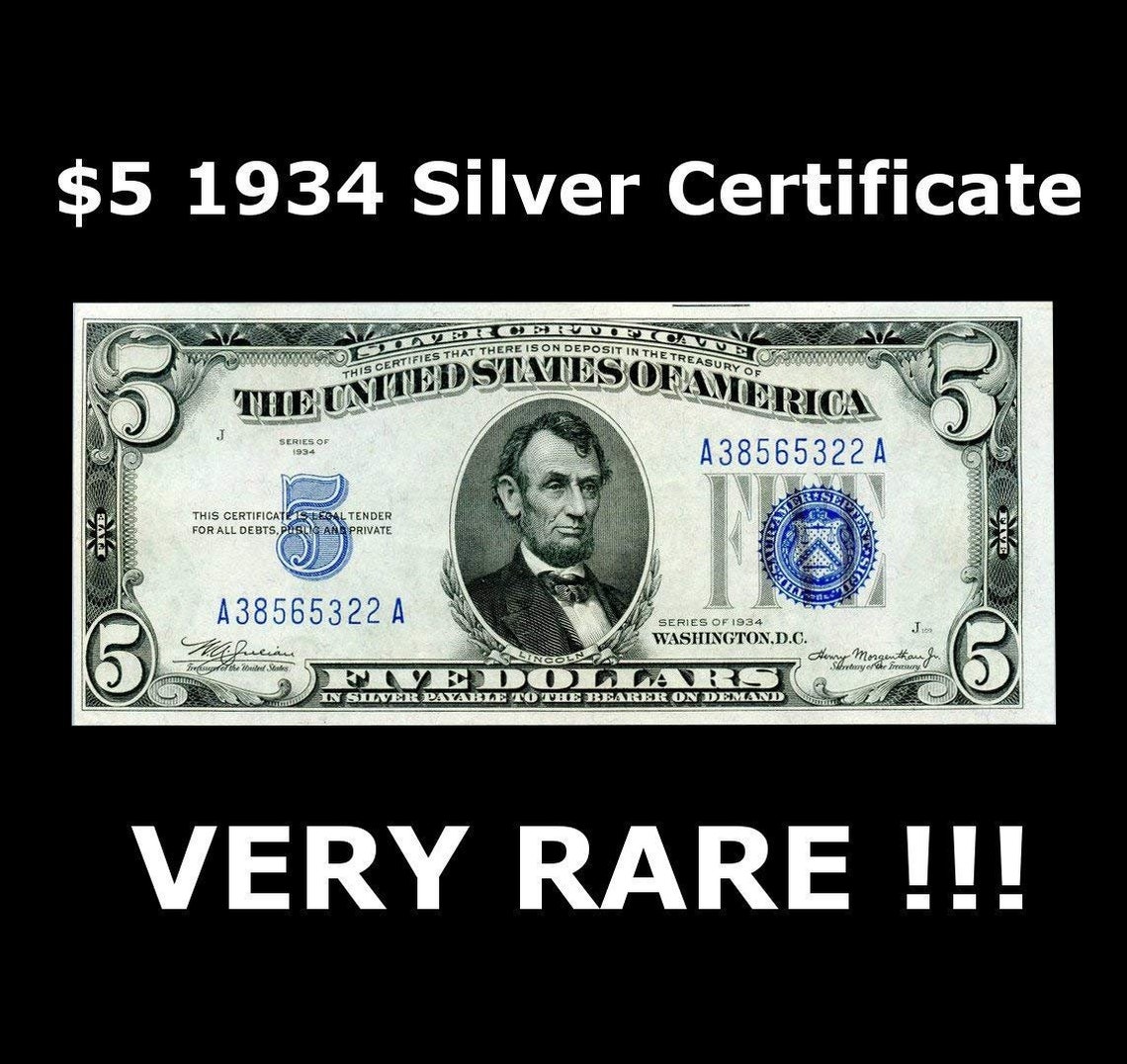 1934 5 Dollar Bill Large Blue Seal Silver Certificate Hard to Find 5 ...