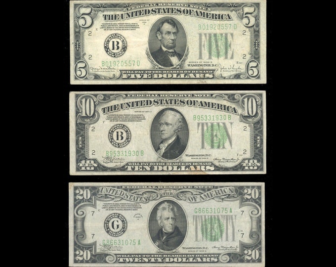 Beautiful Set of 1934 Series Green Seal 5, 10, 20, Dollar Bills Federal ...