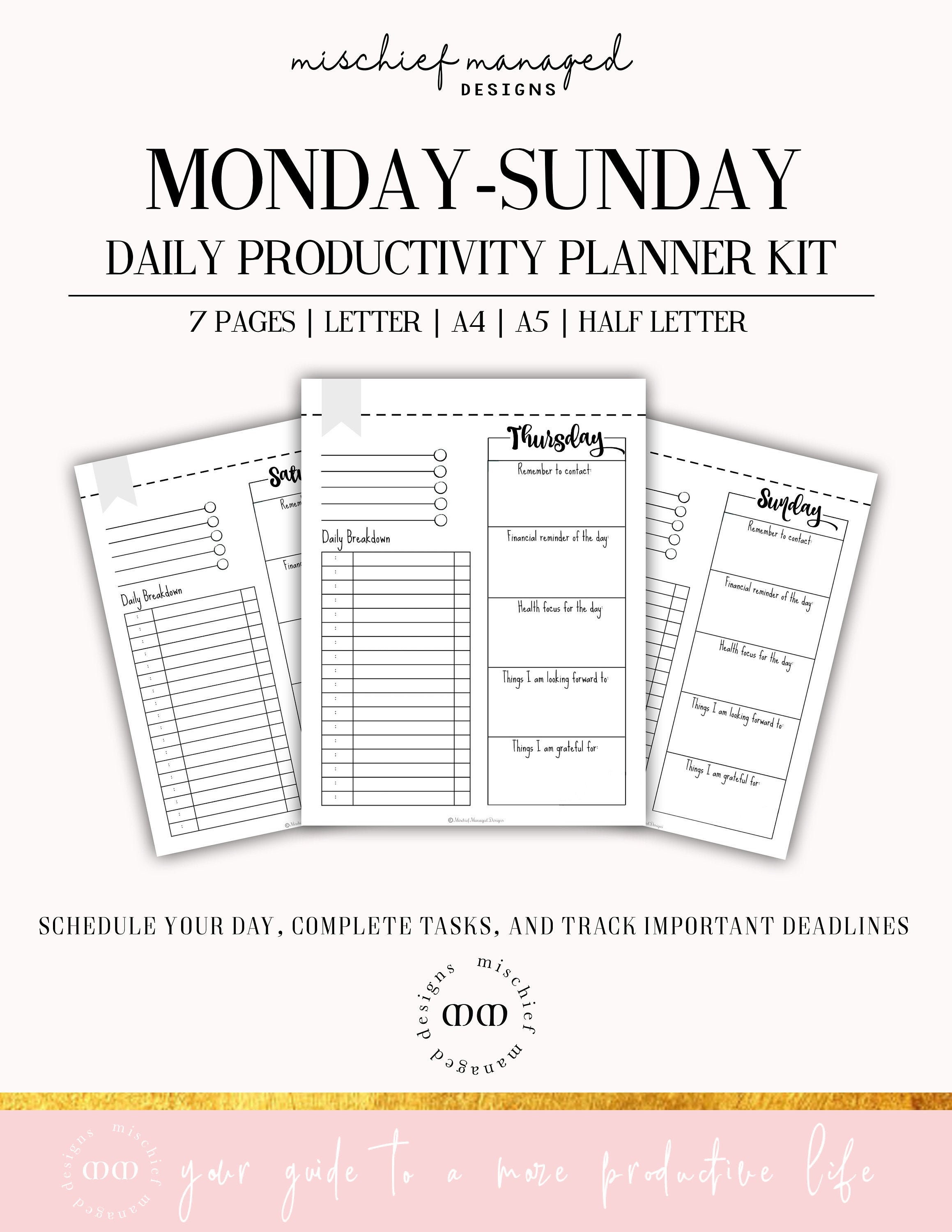 Mon-sun Daily Planner Kit, Productivity Planner, Undated Planner, to Do ...