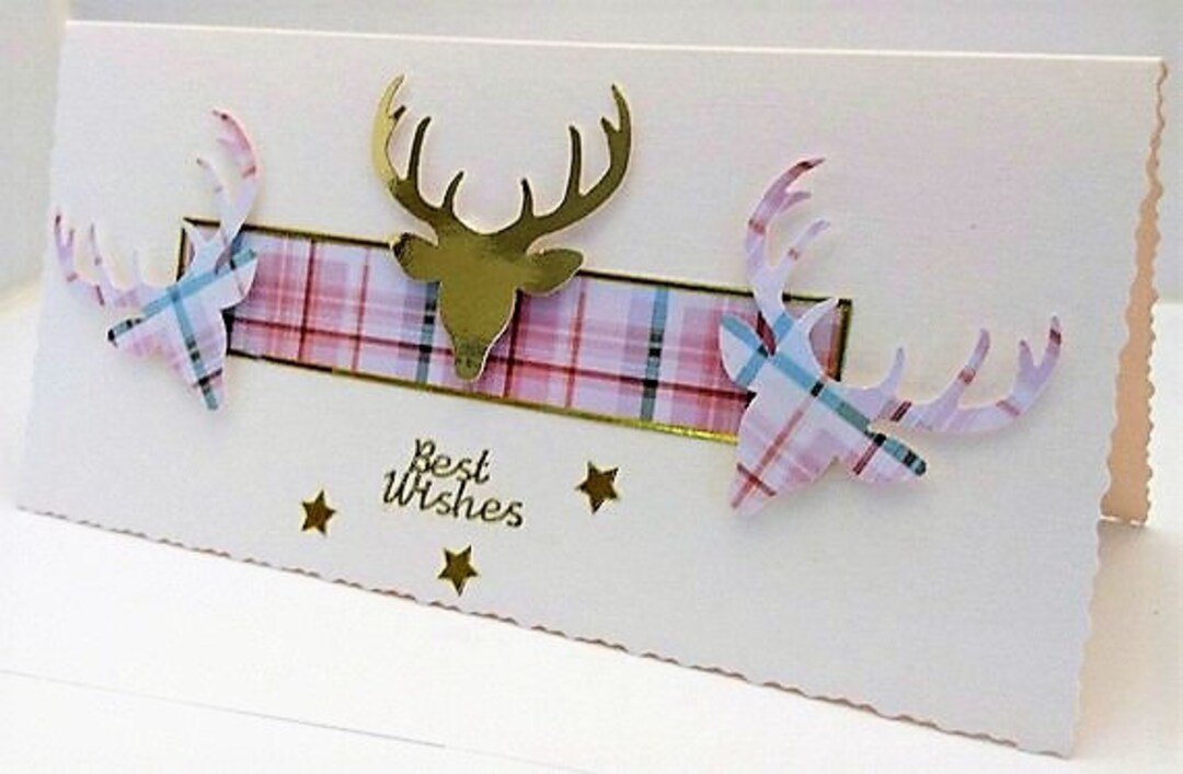 Scottish Stag best Wishes Card in Pink and Blue Tartan With 1 Gold and ...