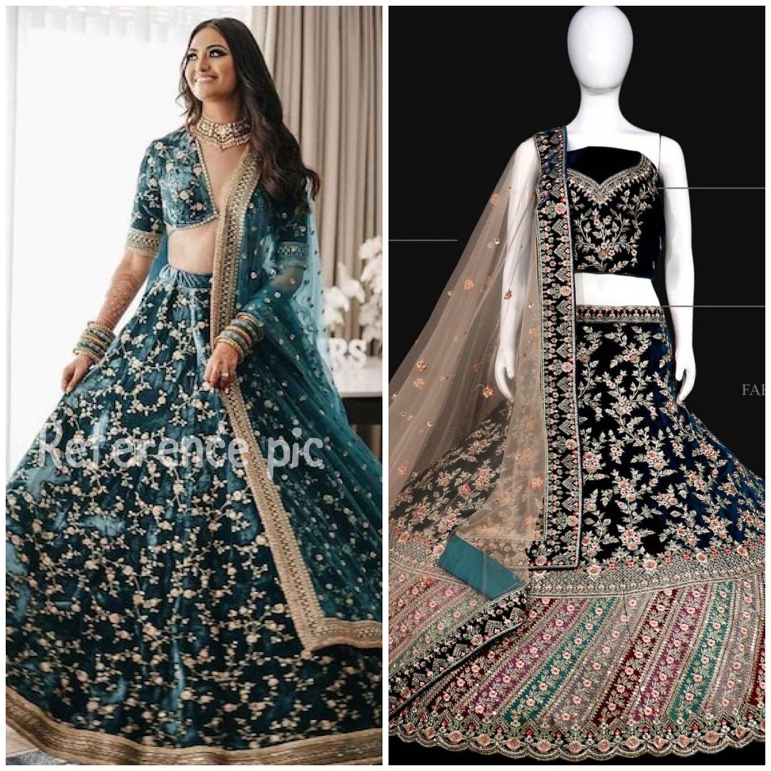 Blue Velvet Lehenga Choli Wedding Party Wear Lengha Choli Indian Bridal ...