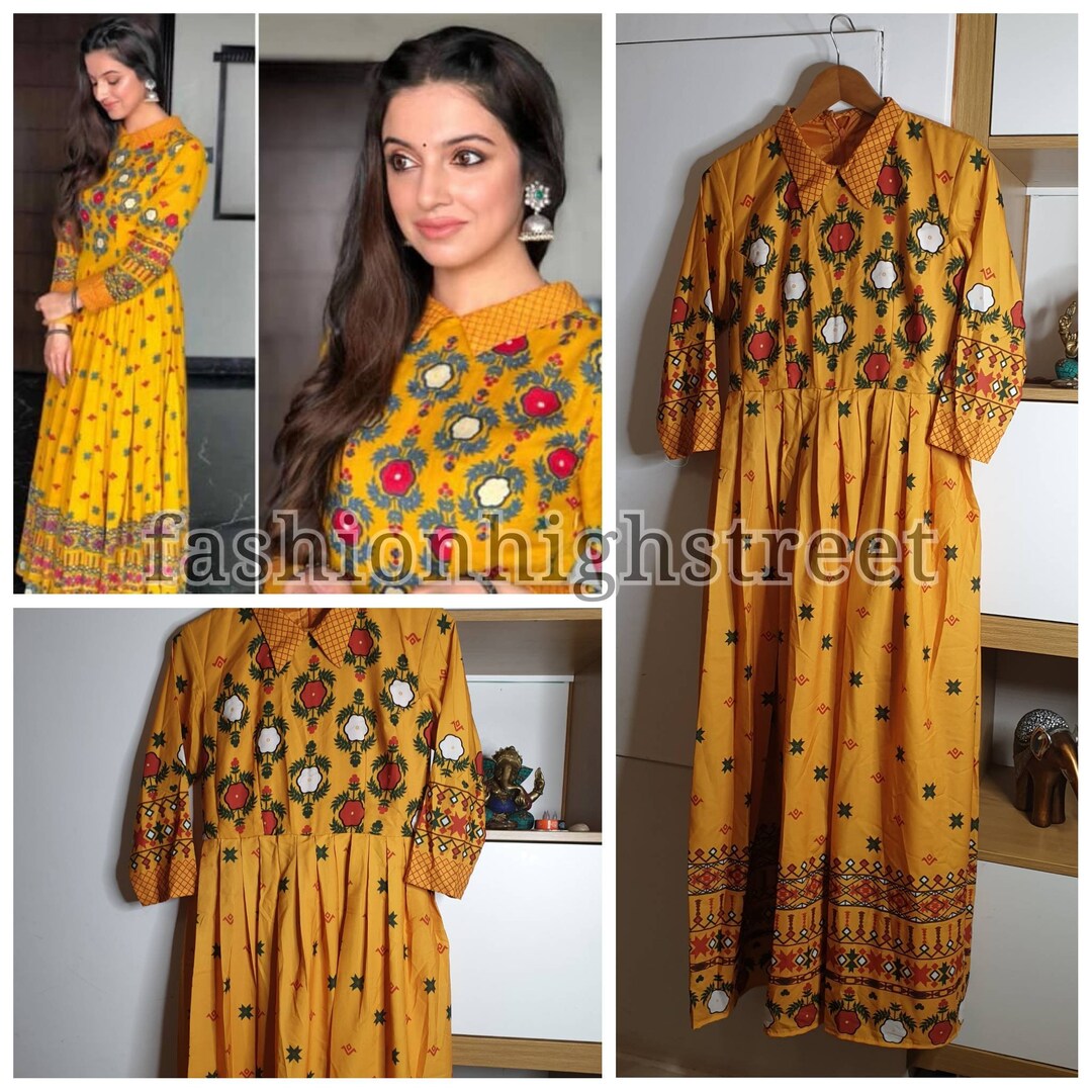 Attractive Block Print With Handwork Yellow Anarkali Kurti for - Etsy