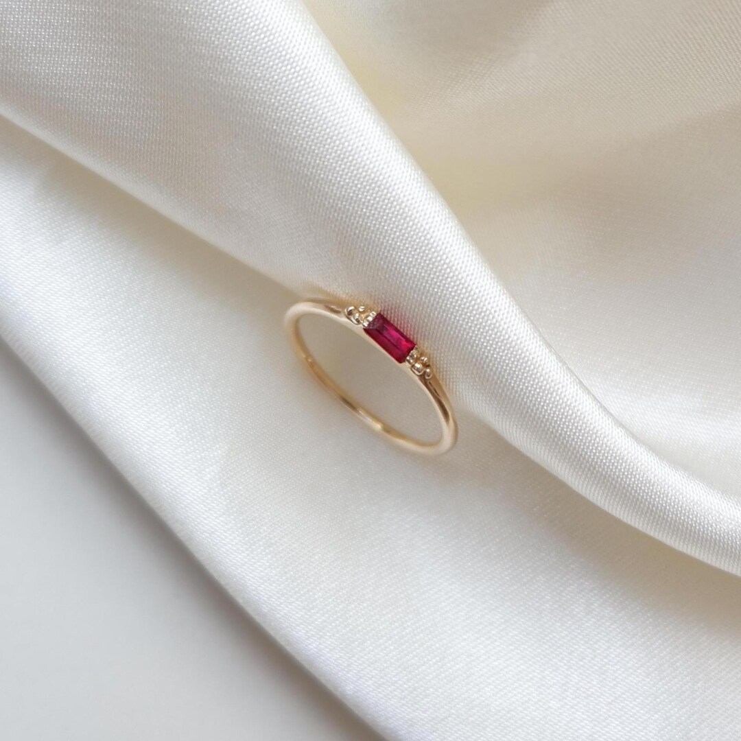 14k Gold Dainty Ruby Ring, 14k Gold Baguette Ruby Ring, 14k Gold Minimalist Ruby Ring, 14k Gold ...