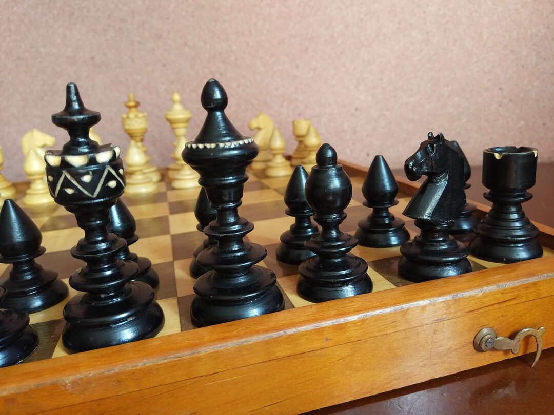 Vintage Polish Chess Set With Folding Chess Board, KH 8,8 Cm, Wooden ...