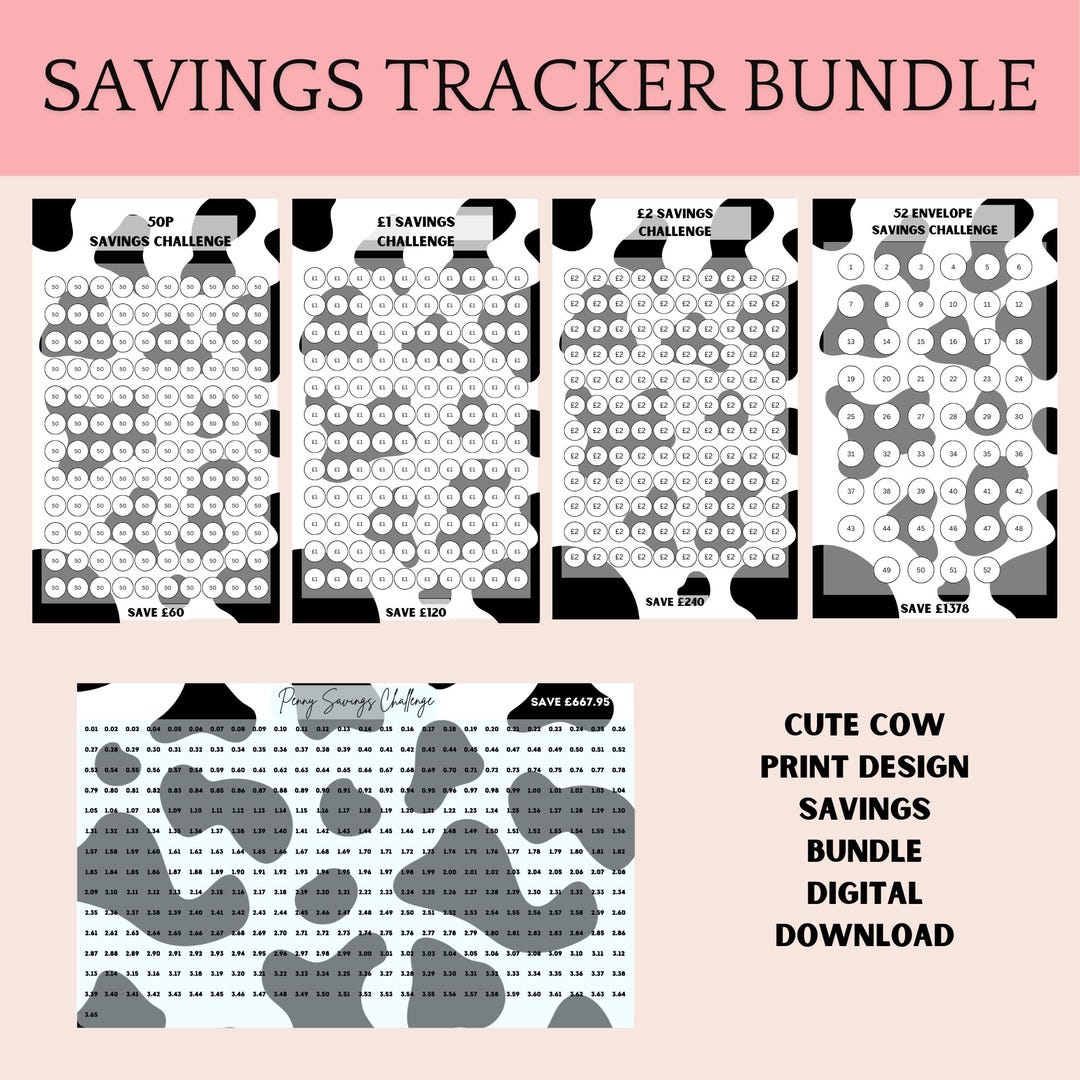 Cow Print Digital Download Savings Trackers|50p, 1, 2 | 52-week ...
