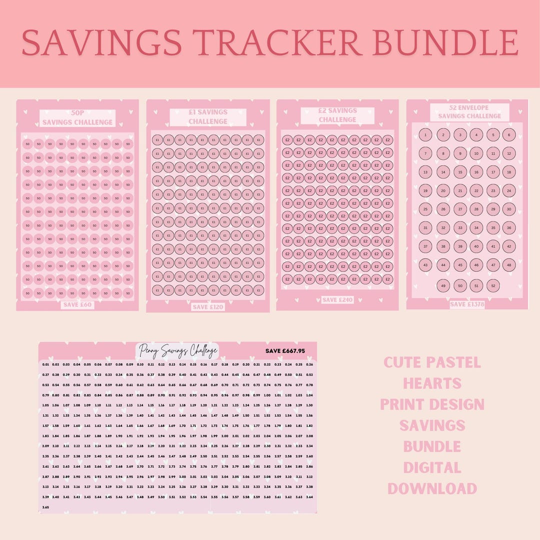Pastel Heart Print Digital Download Savings Trackers|50p, 1, 2 52-week ...