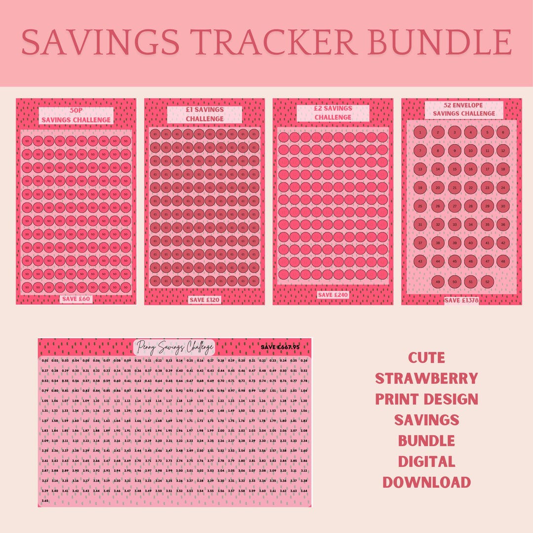 Strawberry Print Digital Download Savings Trackers|50p, 1, 2 | 52-week ...