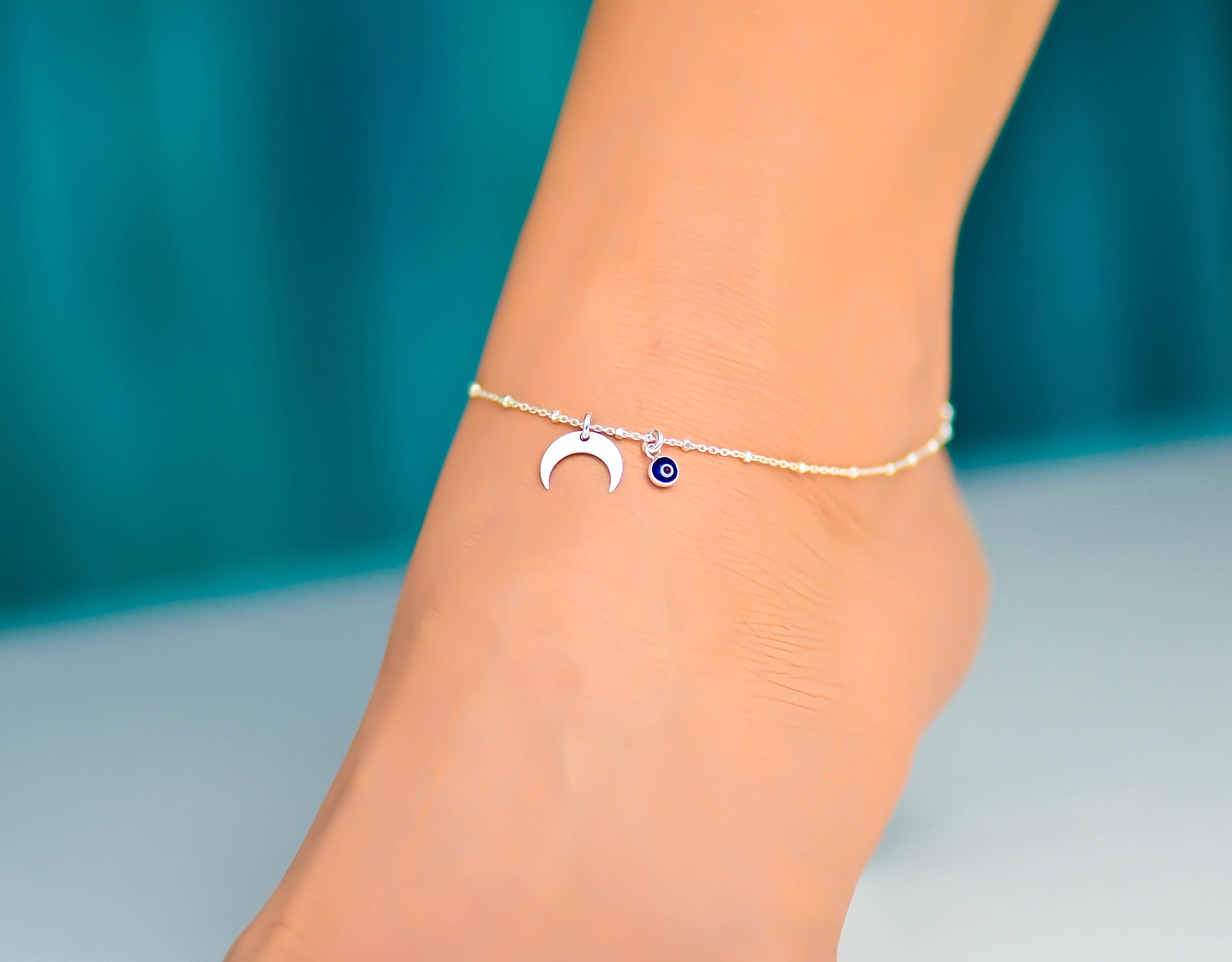 DaintyJools Moon Evil Eye Anklet Silver Anklet Ankle Bracelet Silver Anklets for Women Anklet Sterling Silver Boho Anklet Summer Jewelry
