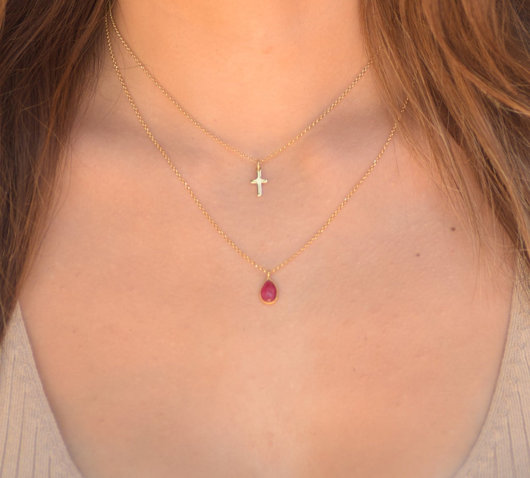 Layered Ruby Necklace Set, Cross Necklace Women, Dainty Layered ...