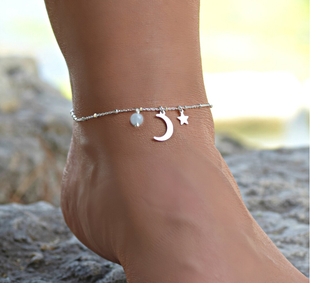 Anklet Moon Star, Anklets for Women, Moon Ankle Bracelet, Star Ankle Bracelet, Sterling Silver ...