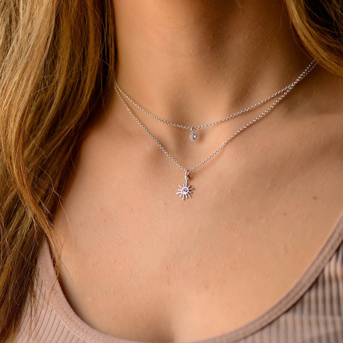 Double Layer Chain Silver Sun Necklace, Sun Necklace for Women, Layered ...
