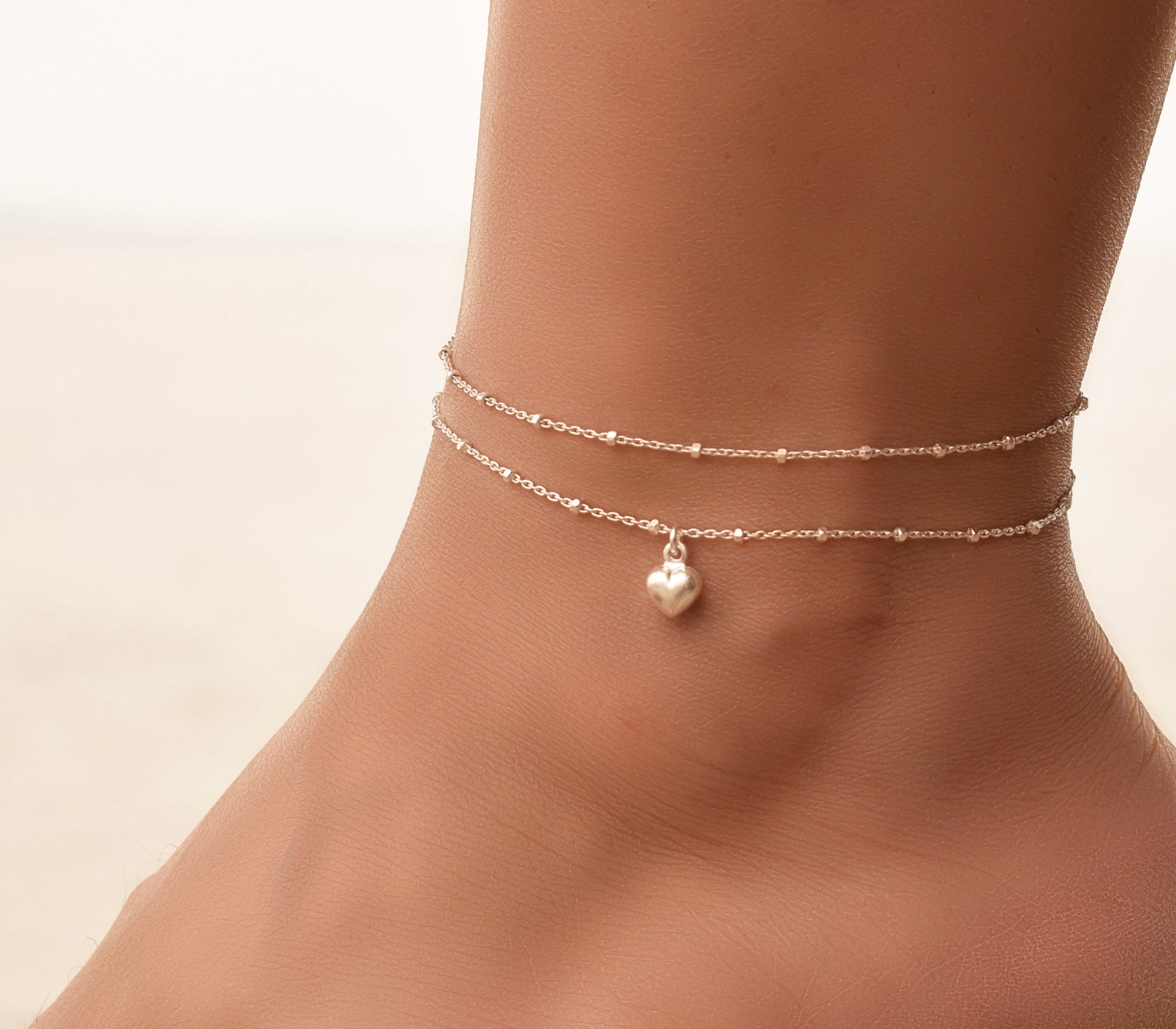 Silver Heart Anklet Boho Anklets for Women Sterling Silver | Etsy
