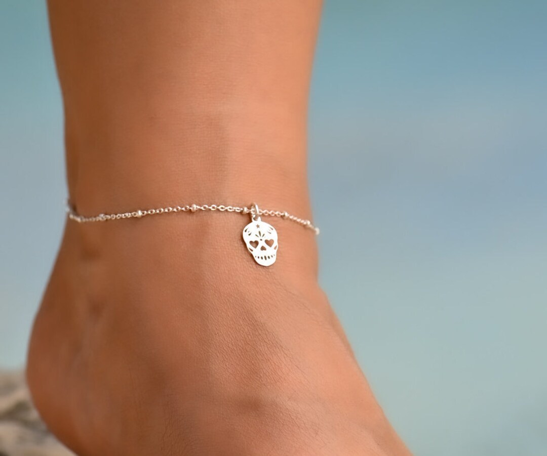 Sugar Skull Anklet, Anklets for Women, Sterling Silver Anklet, Ankle ...