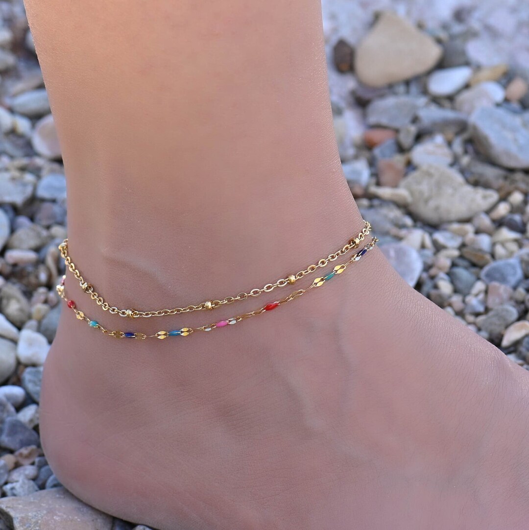Dainty Layered Gold Satellite Chain Anklet Set, Anklet, Gold Boho ...