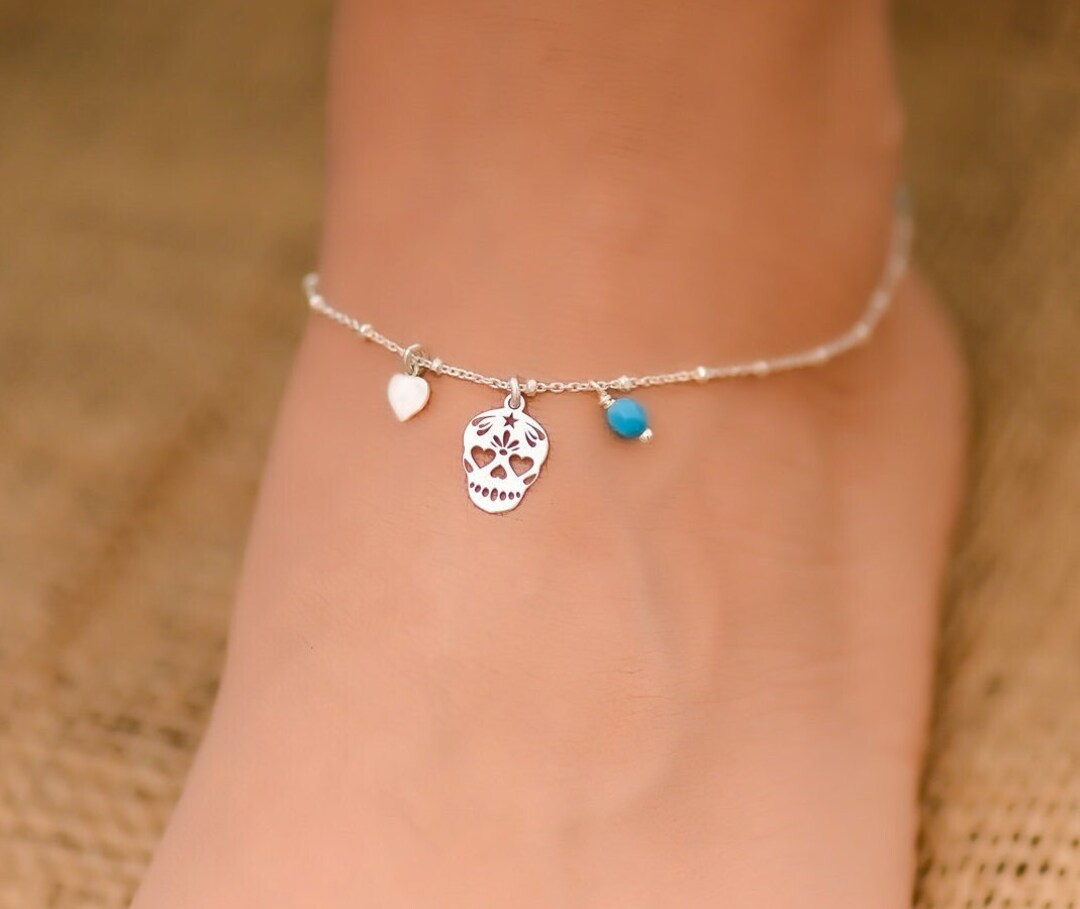 Sugar Skull Anklet, Ankle Bracelet, Sterling Silver Anklet, Ankle ...