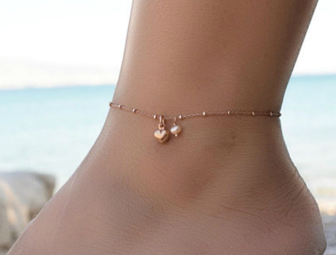 Dainty Rose Gold Heart Anklet, Rose Gold Anklest for Women, Rose Gold Ankle Bracelet for Women ...