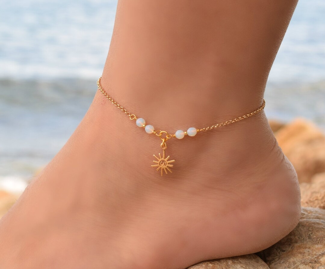 Gold Sun Beaded Anklet, Anklet, Moonstone Anklet, Boho Beaded Anklet ...