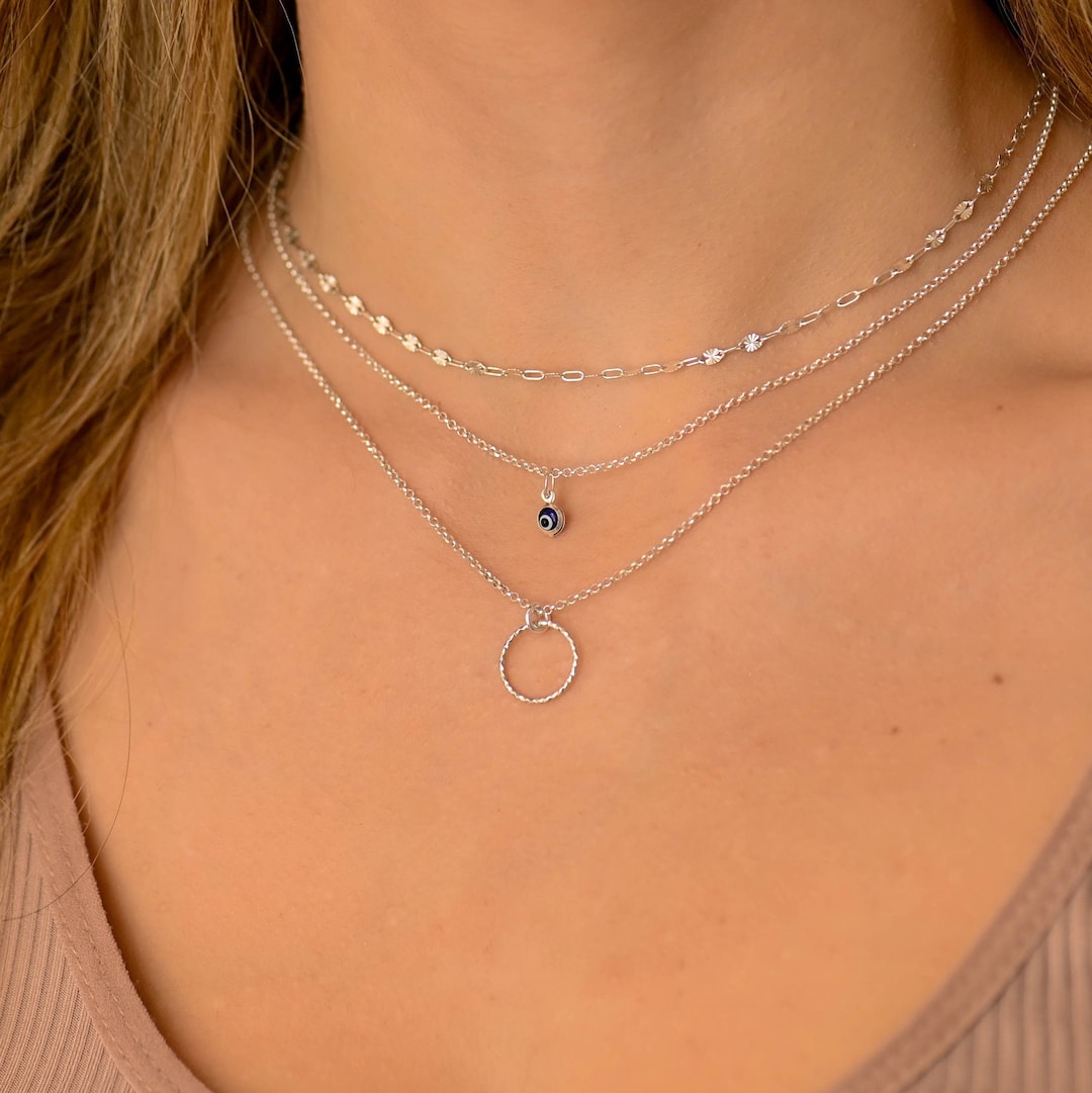 Multilayer Circle Necklace Stack, Multi Strand Necklace, Layered Silver ...