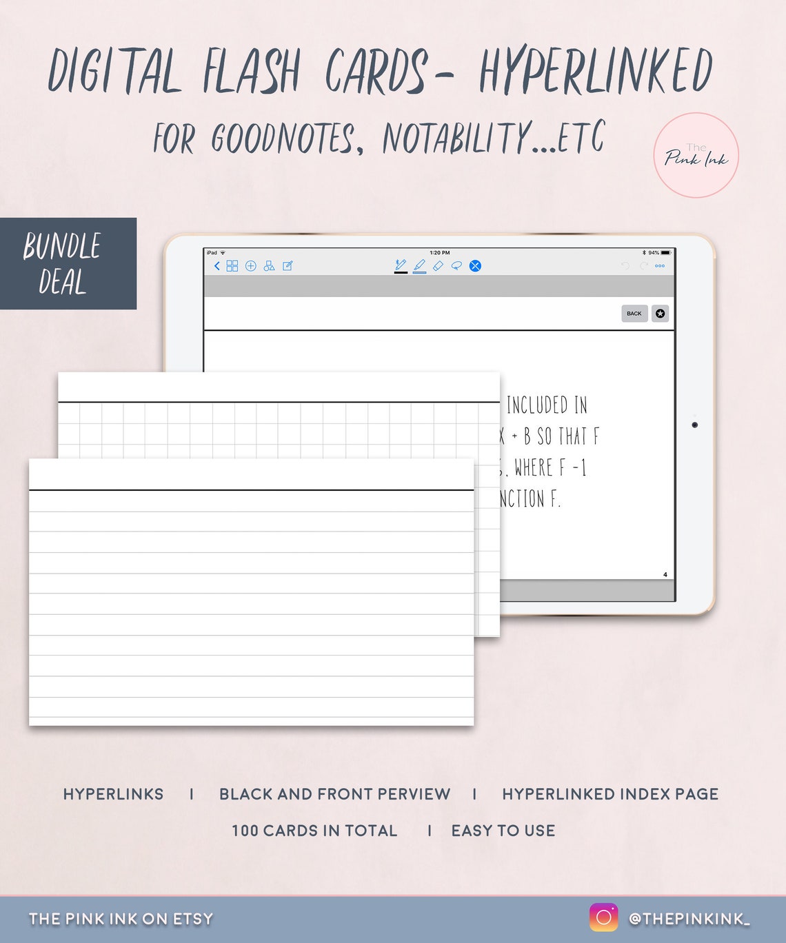 Lined Grid Digital Flash Cards, Hyperlinks, Flash Cards for Goodnotes ...