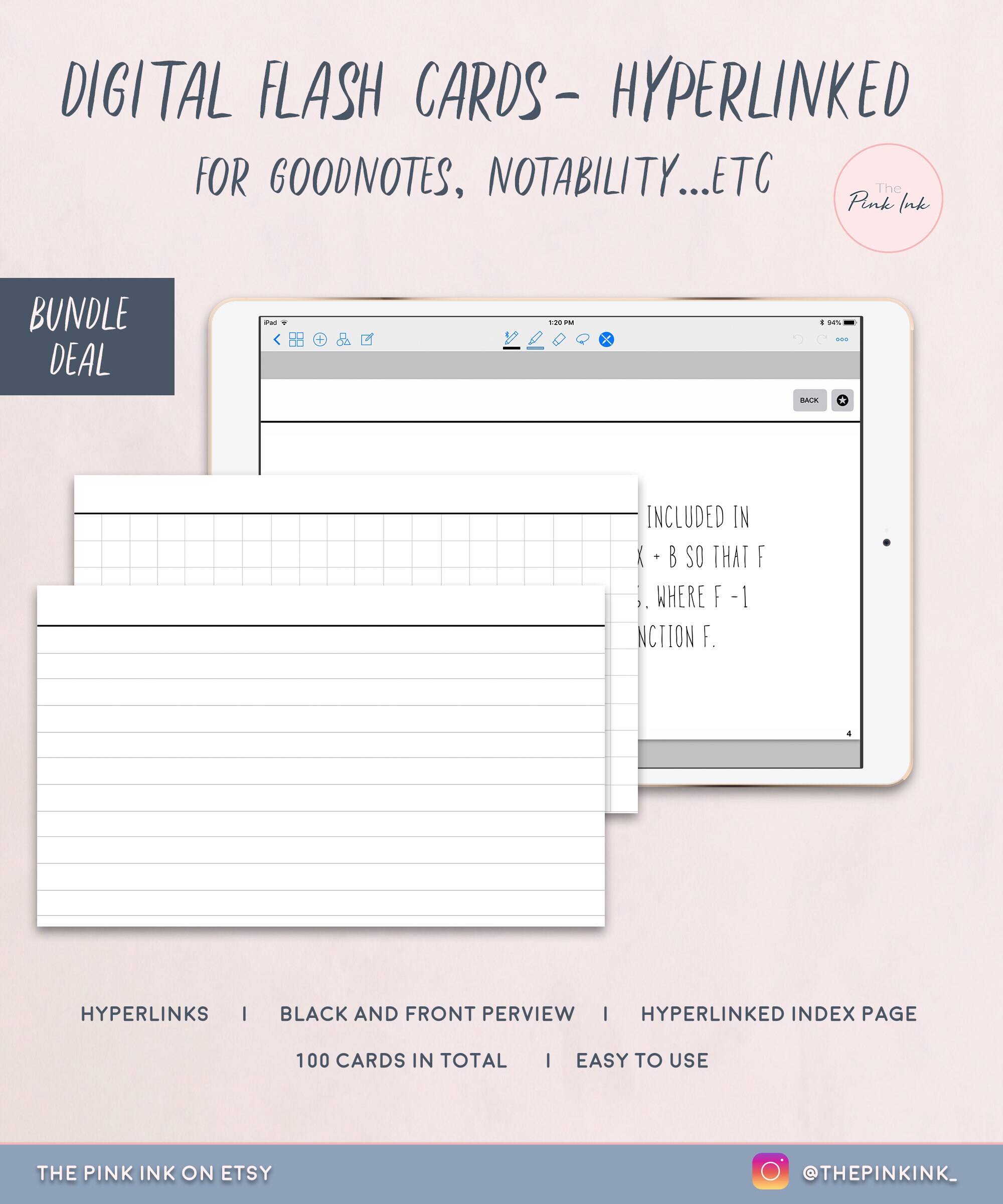 Lined Grid Digital Flash Cards, Hyperlinks, Flash Cards for Goodnotes ...