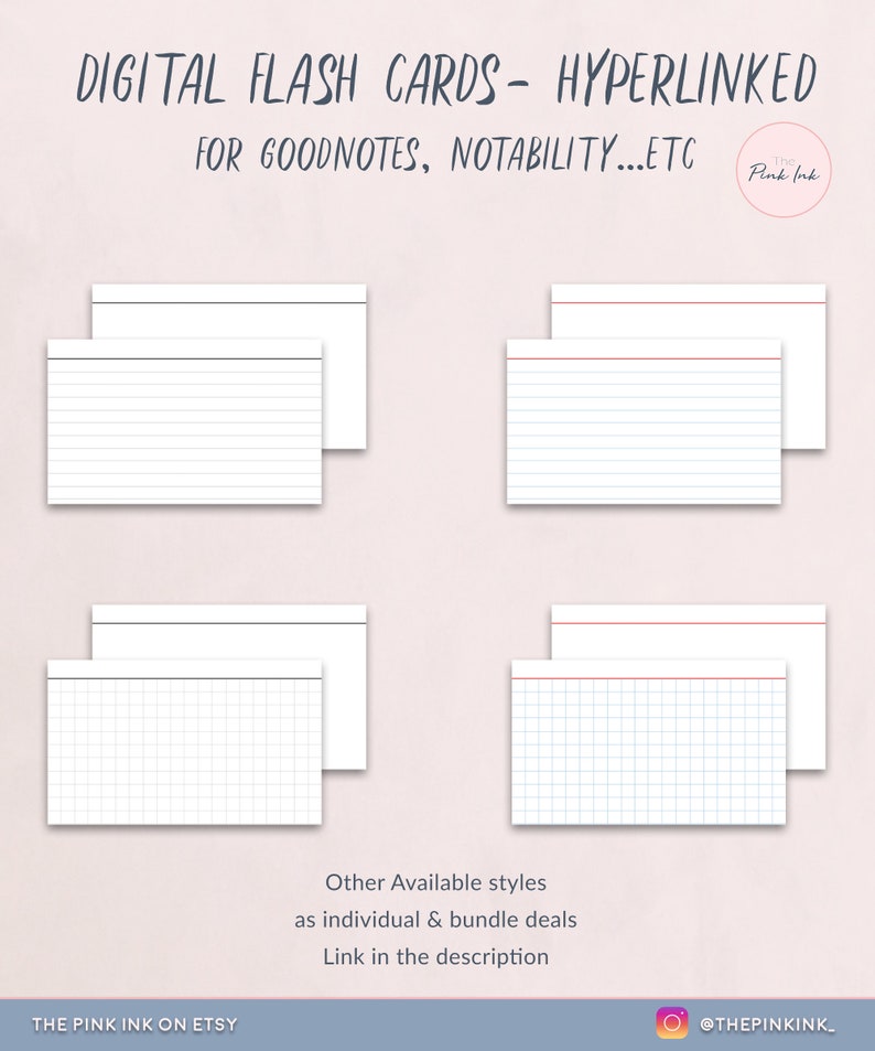 Lined Grid Digital Flash Cards, Hyperlinks, Flash Cards for Goodnotes ...