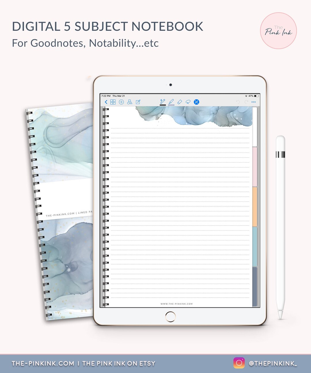 Blue Digital Notebook, 5 Subject Notebook Goodnotes Template ...