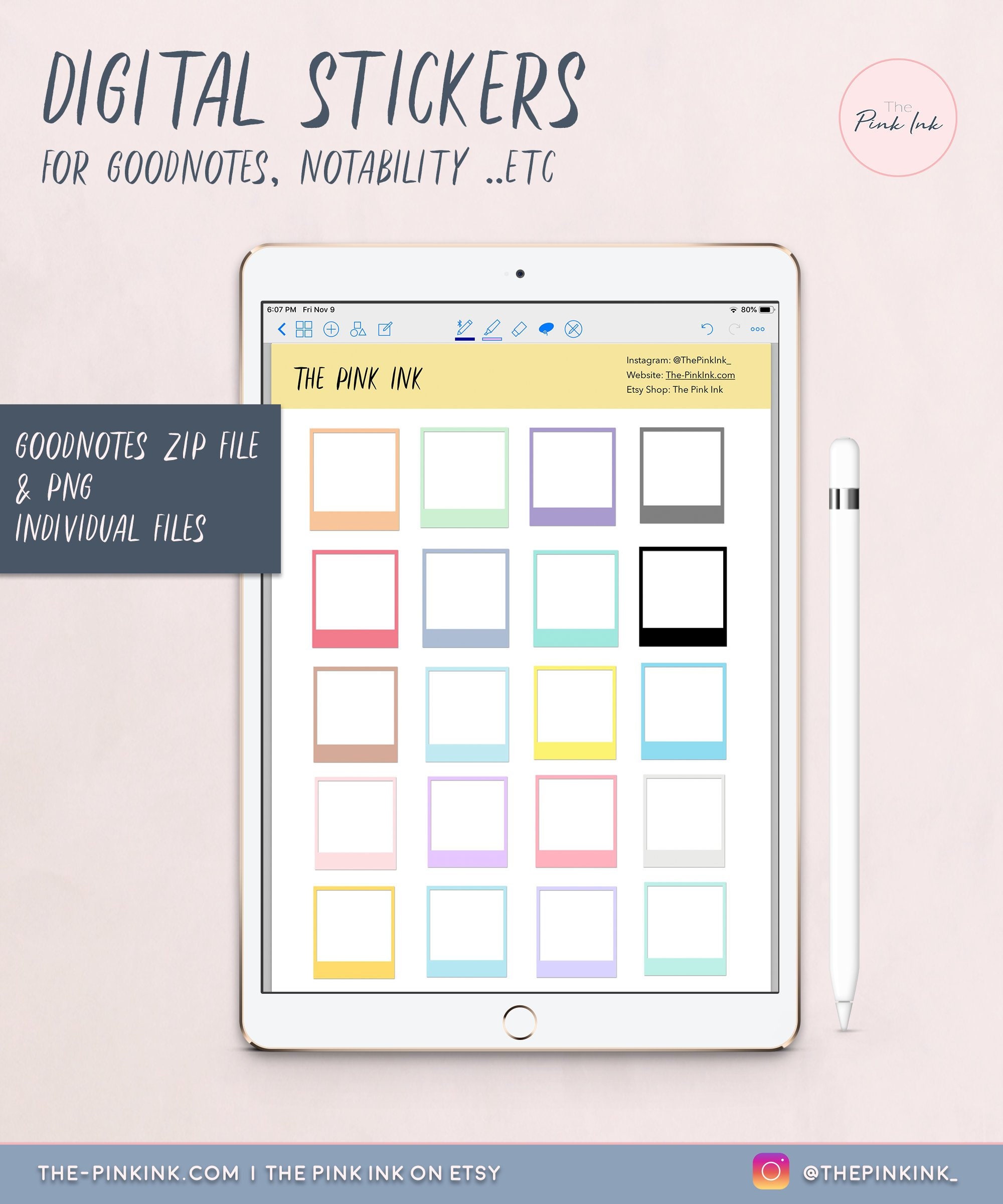 Frame Digital Stickers Stickers Pack PNG Individual Files Goodnotes Zip ...