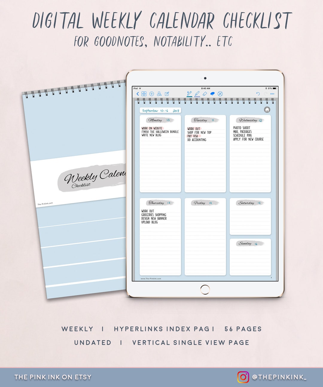 Digital Weekly Calendar Checklist Weekly Planner Undated - Etsy