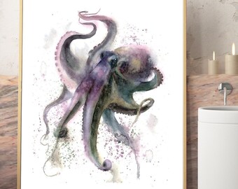 Octopus Watercolor Painting Sealife Themed Artwork Octopus Art Wall ...